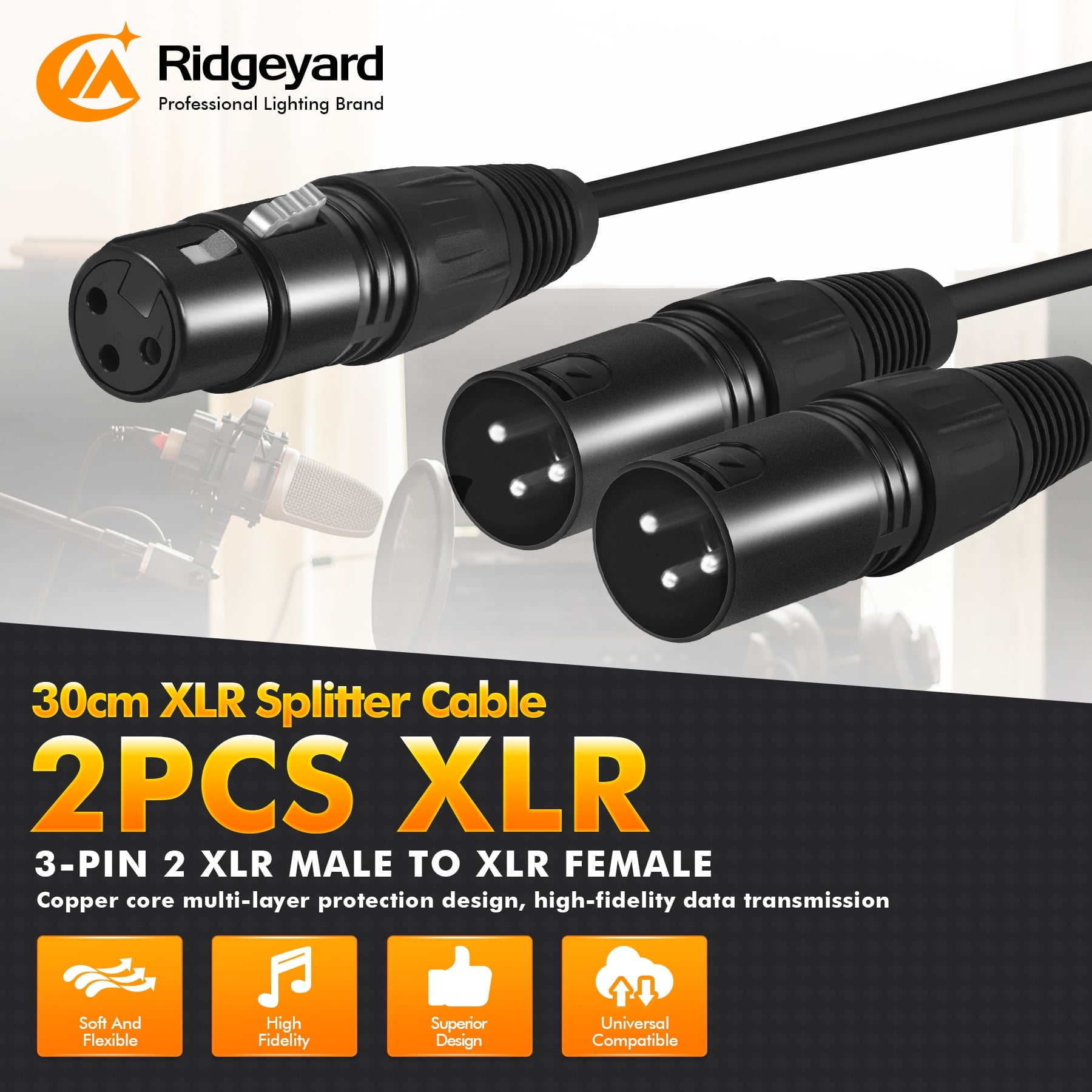Ridgeyard 2PCS 1FT 1 Female to 2 Male XLR Splitter Cable, 3-Pin ...