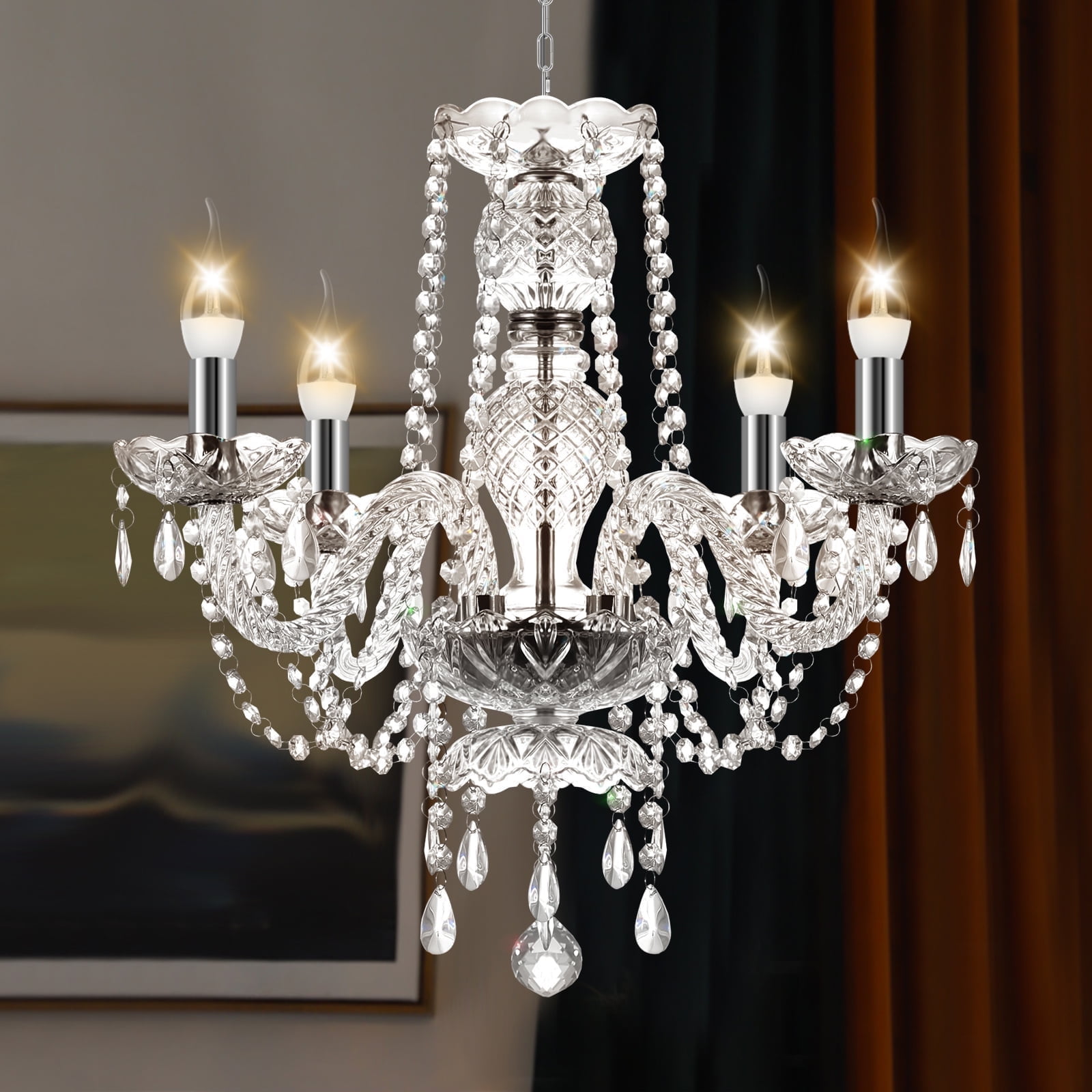 Ridgeyard 4-Arm Crystal Chandelier, Vintage Candle Ceiling Pendant ...
