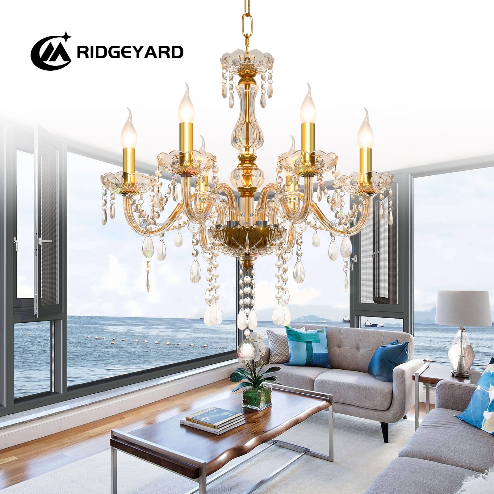 Ridgeyard 6 Lights Metal Golden Candle-Shaped Crystal Chandelier Pendants Gold Mouting Ceiling ...