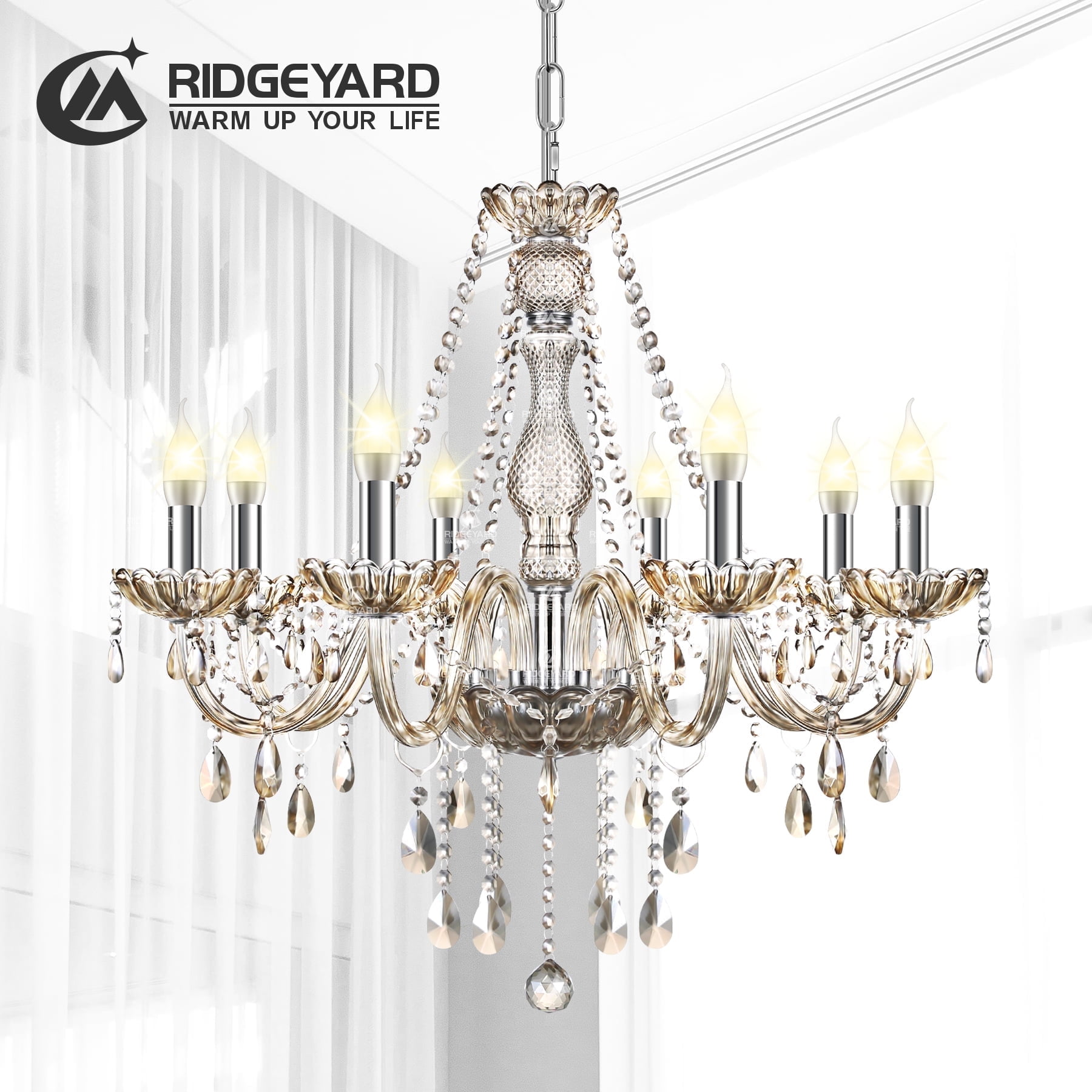 Ridgeyard 8 Arms Cognac Chandelier Light with Crystal Modern Dining ...