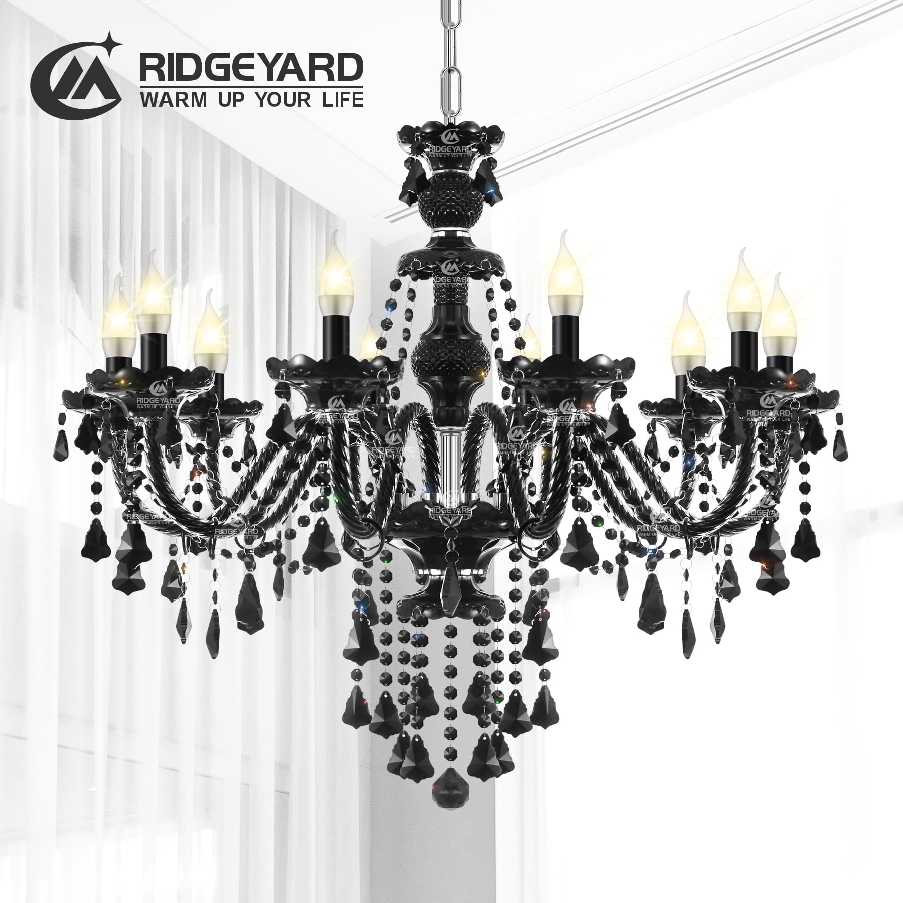 Ridgeyard Crystal Chandelier Lighting Black 10 Arms Modern Luxurious Candle Lights for Living ...
