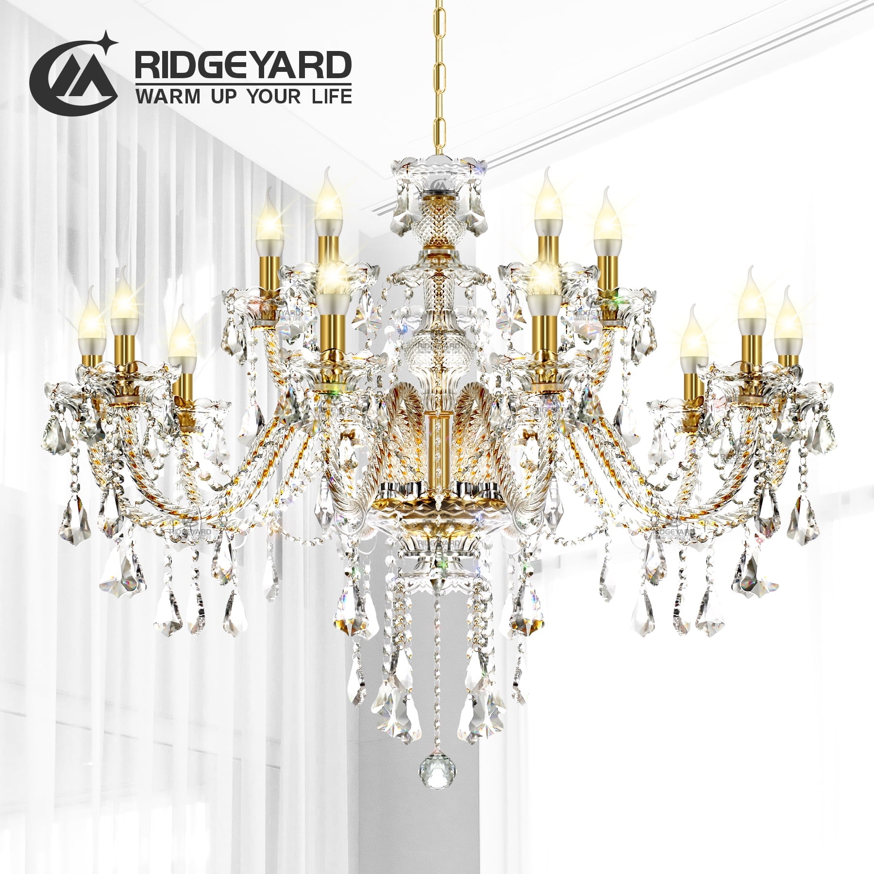 Ridgeyard Luxurious Large K9 Crystal Chandelier Lighting 15 Lights Gold ...