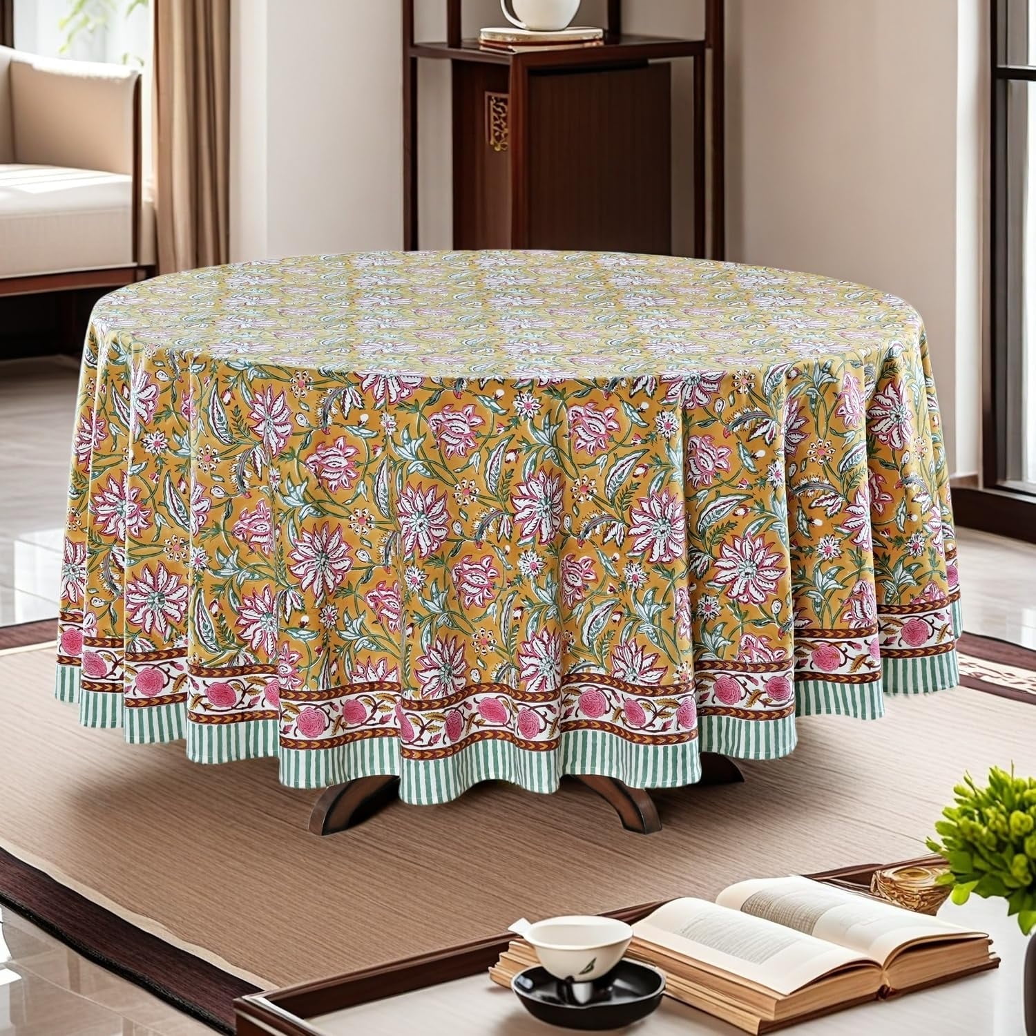 Ridhi Floral Hand Block Print Cotton Table Cover Boho Washable 60 Inch ...