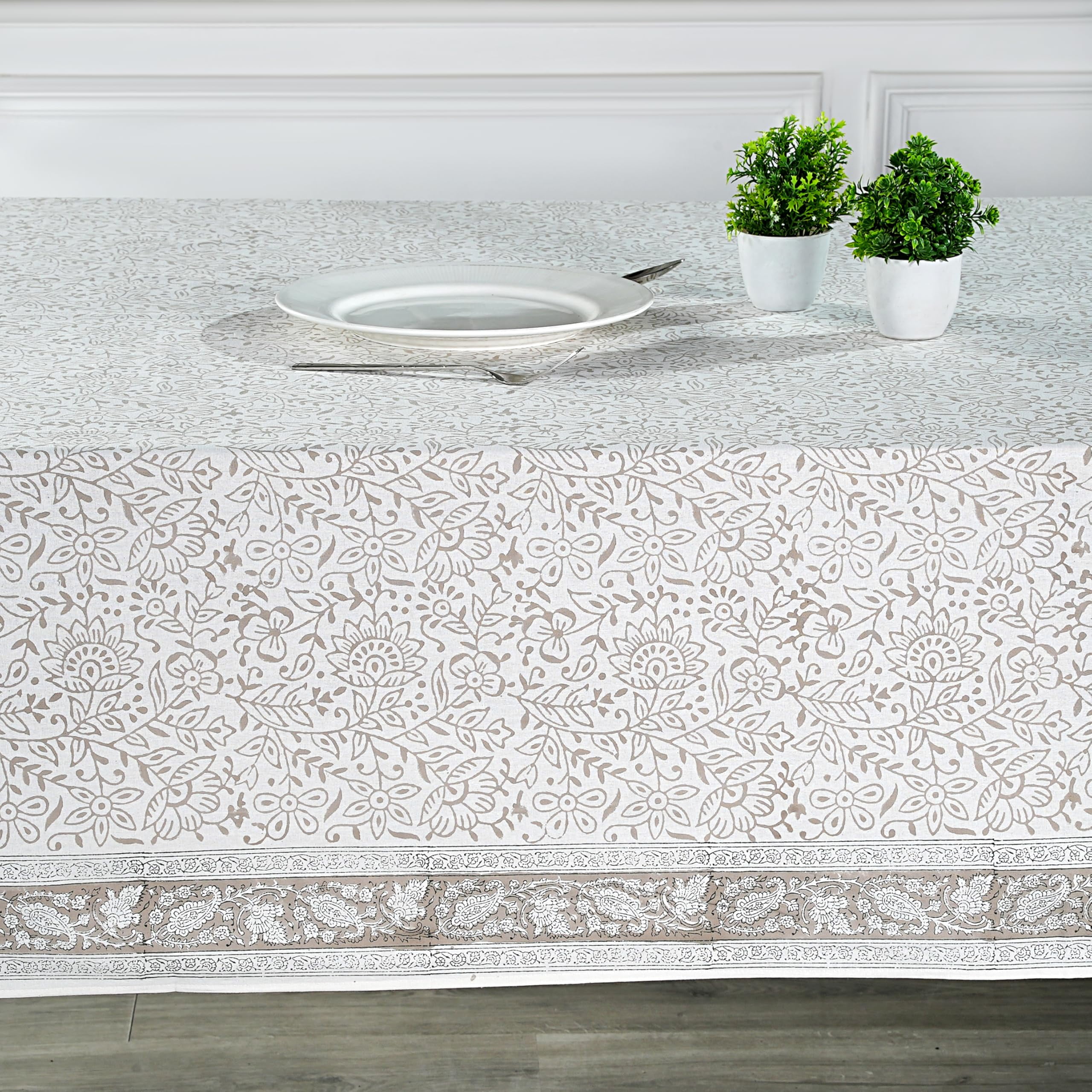 Ridhi Hand Block Print Taupe Jal Cotton Tablecloth, Washable Reusable ...