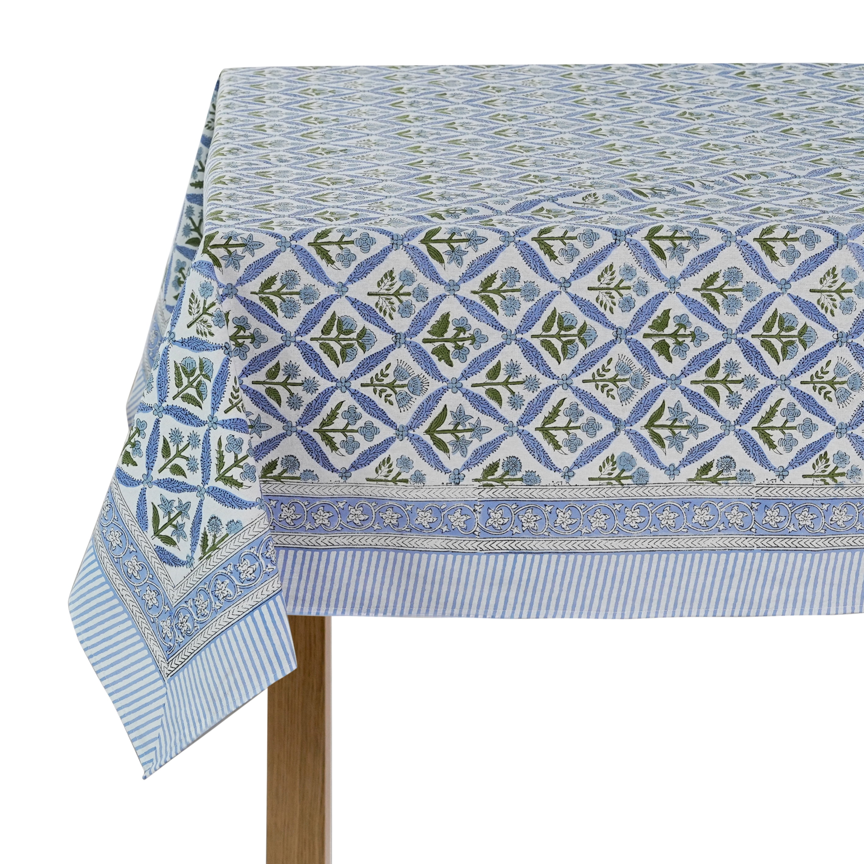 Ridhi 60x90 Light Steel Blue Indian Hand Block Print Floral Tablecloth ...