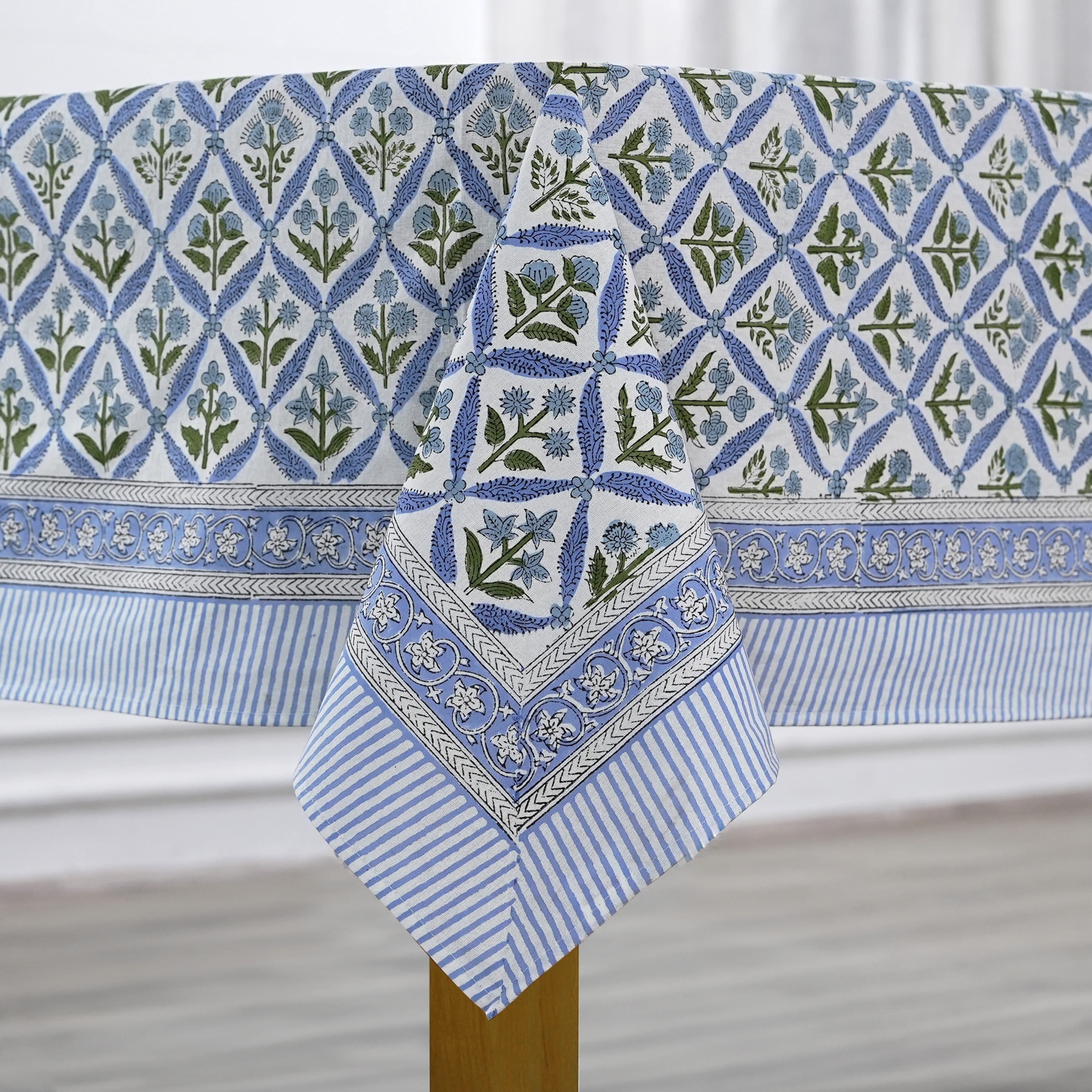 Ridhi 70x108 inch Handmade Cotton Floral Tablecloth – Light Steel Blue ...