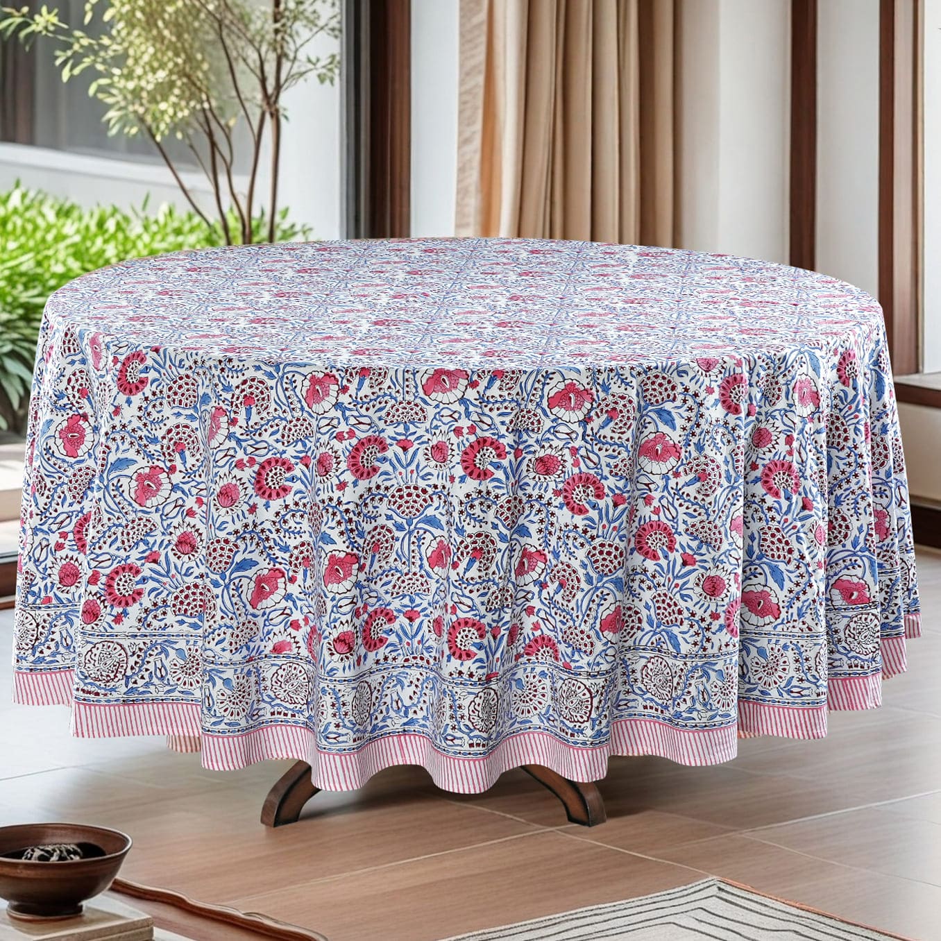 Ridhi - Pigeon Blue Cotton Indian Hand Block Print Round Tablecloth 60 ...