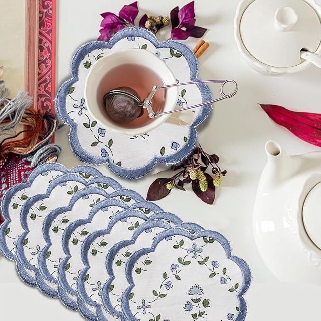 Ridhi Powder Blue Floral Cotton Embroidered Circle Coasters – Set of 8 ...