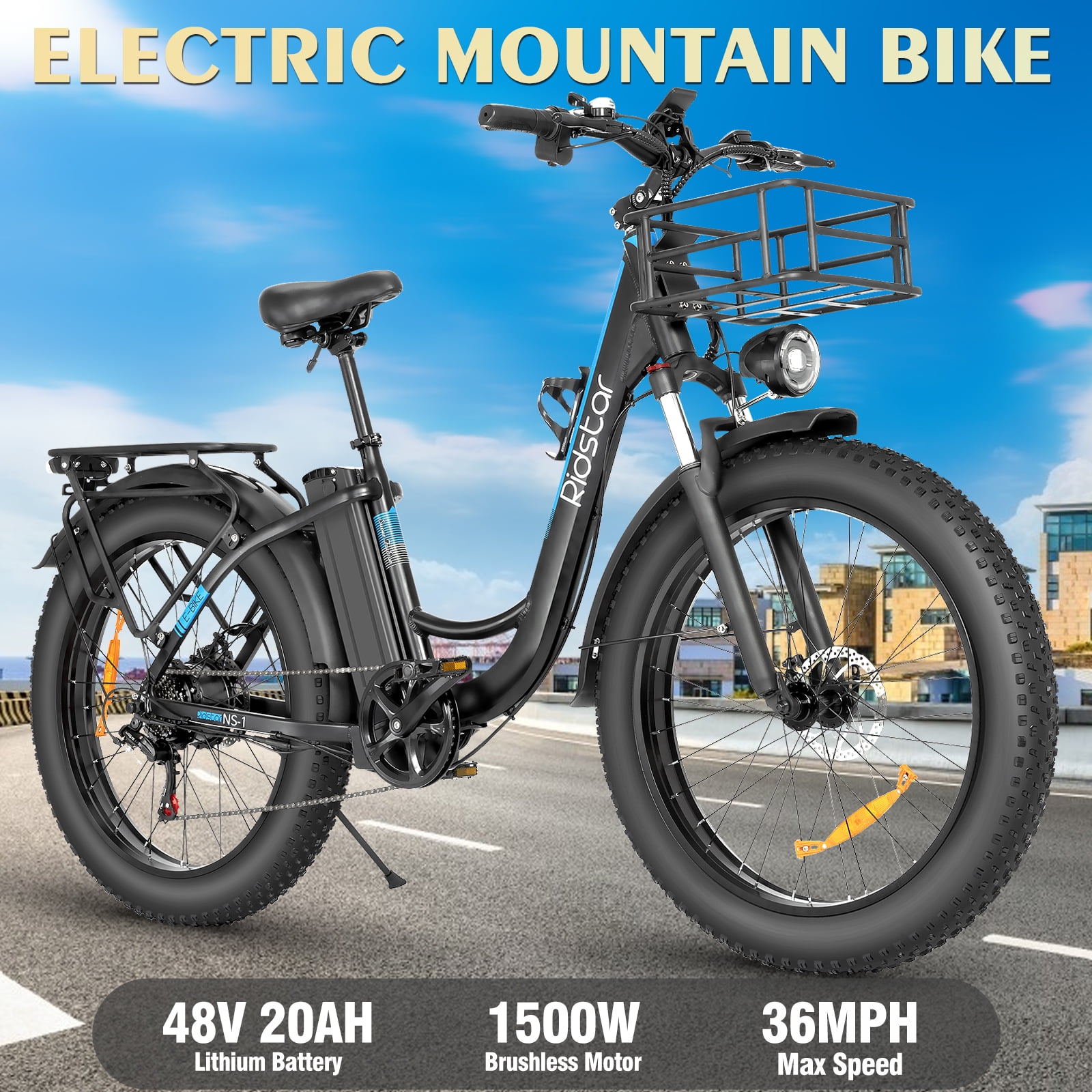 Ridstar MN26 1500W Fat Tire E-Bike - 26" Front Suspension EMTB, 48V 20Ah Removable Long-Range ...