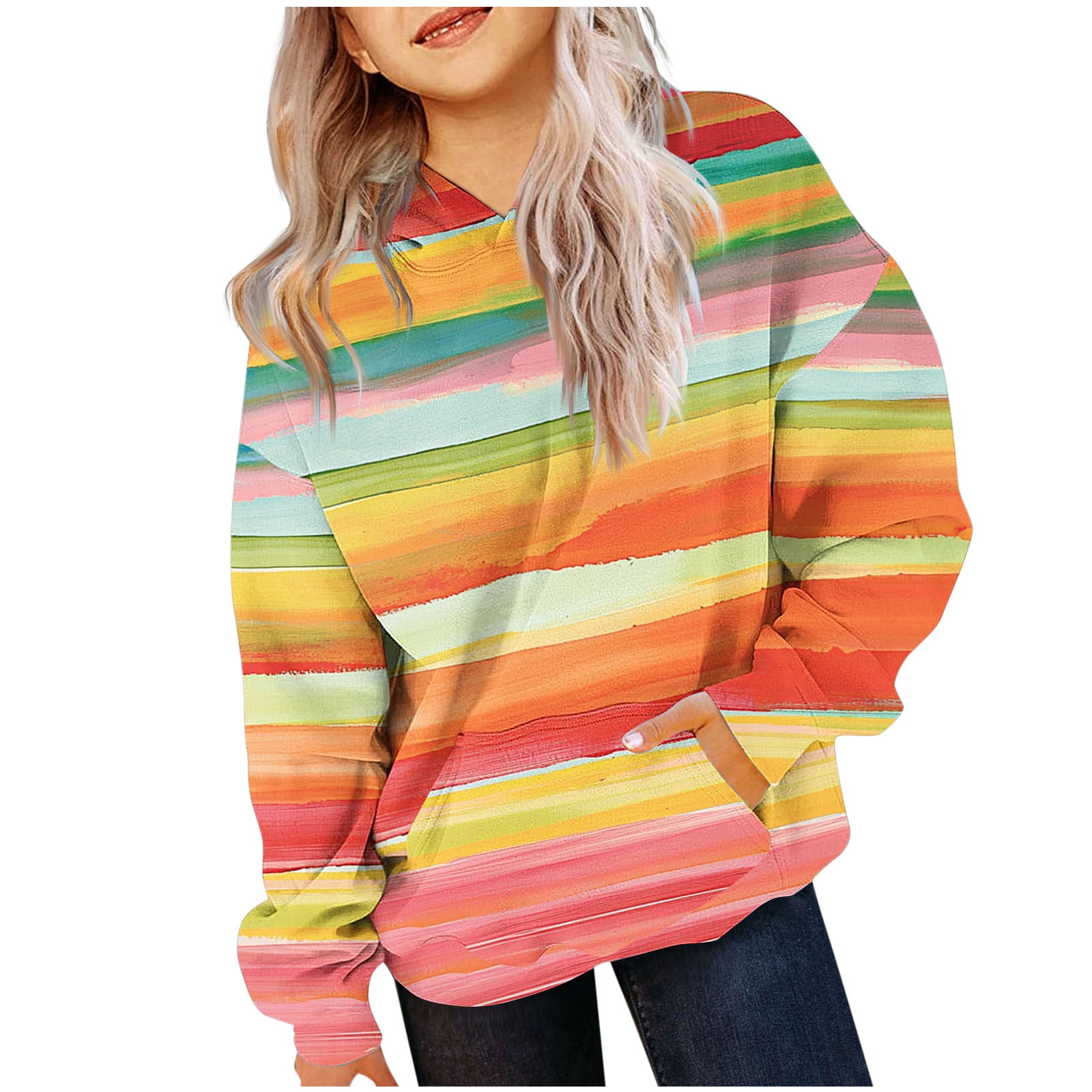 Riecok Hoodie Sweatshirts for Girls Rainbow Stripe Print Long Sleeve ...