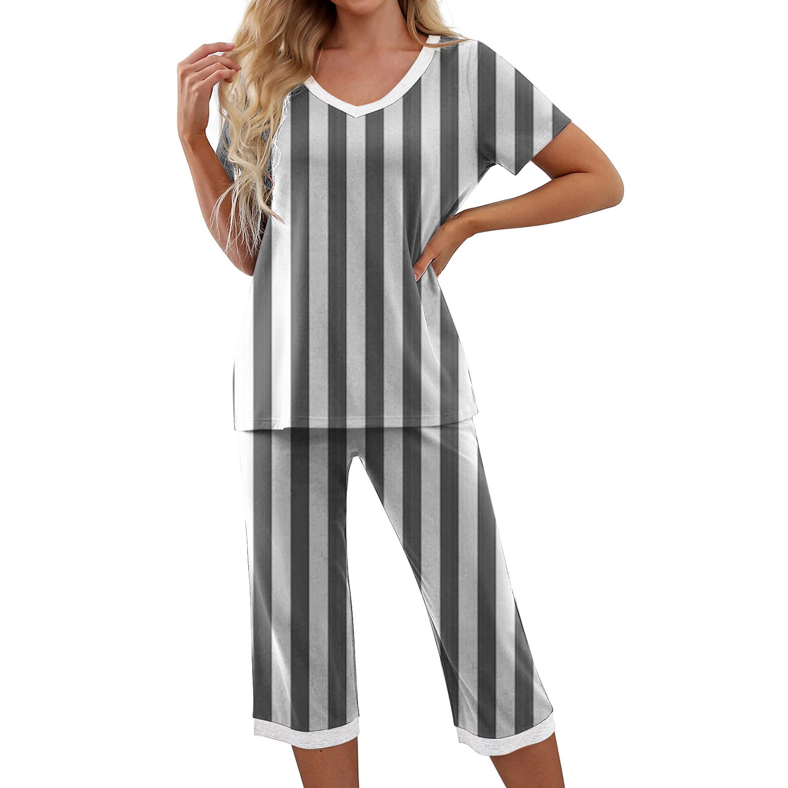 Riecok Pajamas for Women V-Neck Sleepwear for Women Pockets Spring ...