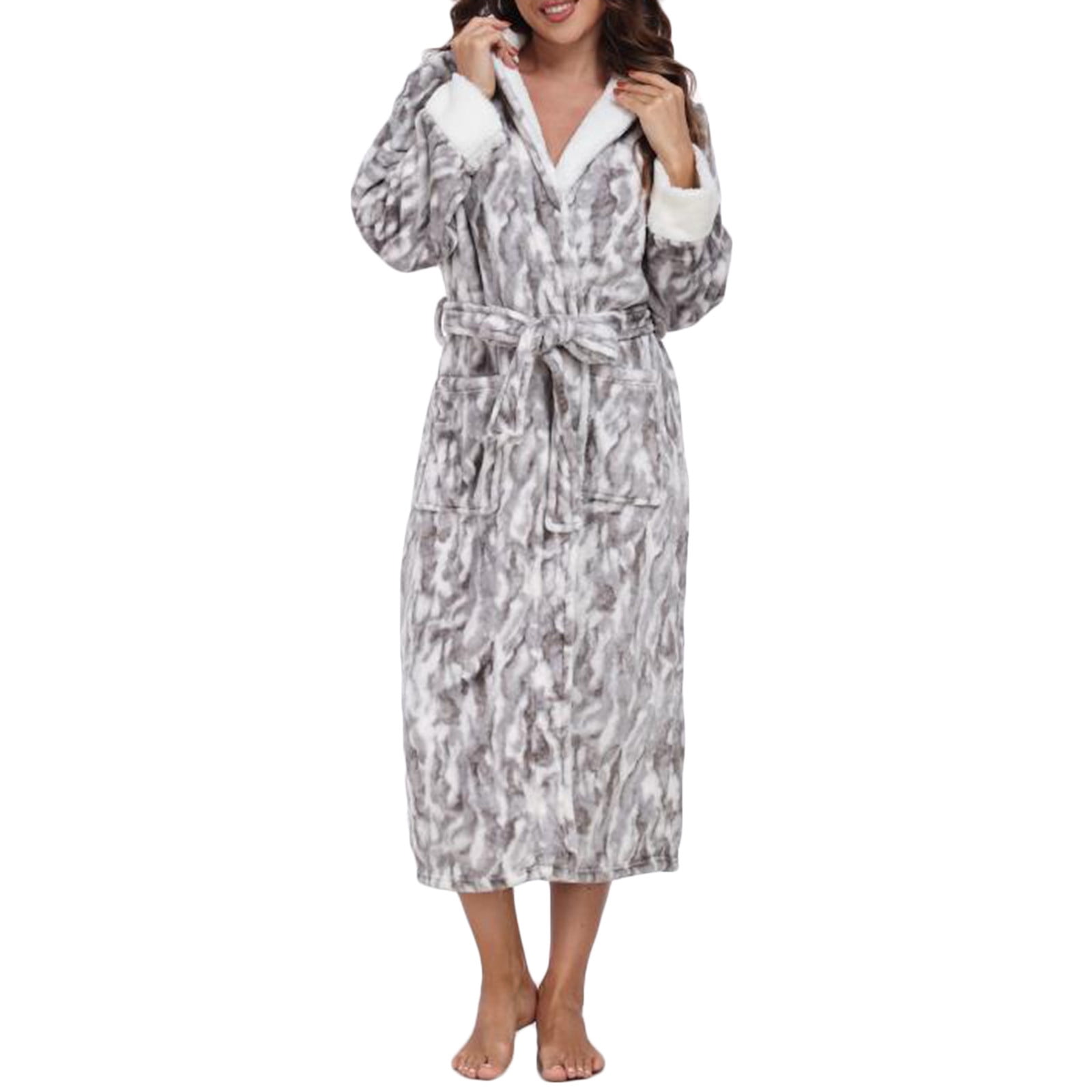 Riecok Plus Size Robes for Women Cozy Soft Long Sleeve Warm Bathrobe ...