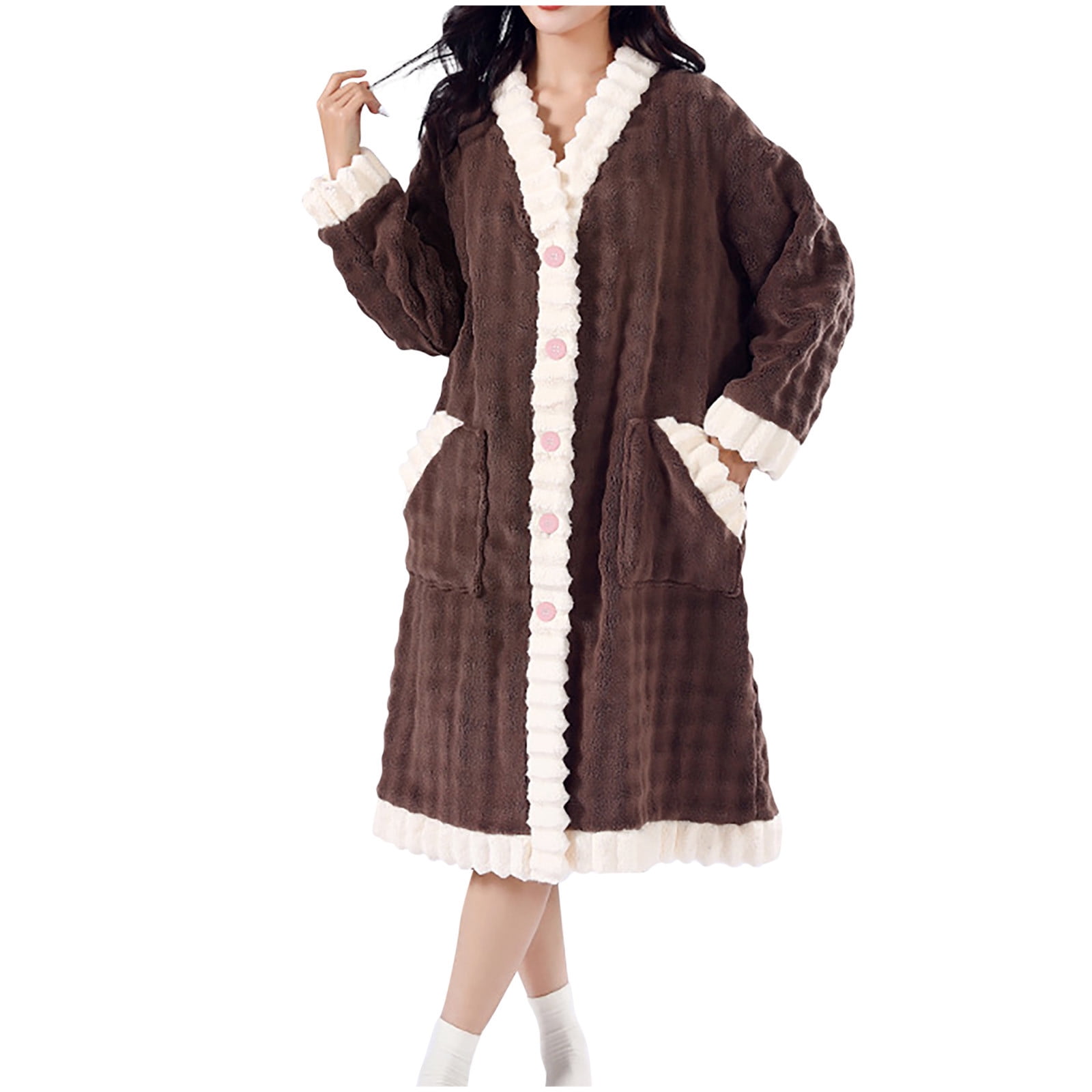 Riecok Robes for Women Plus Size Cozy Soft Long Sleeve Warm Bathrobe ...