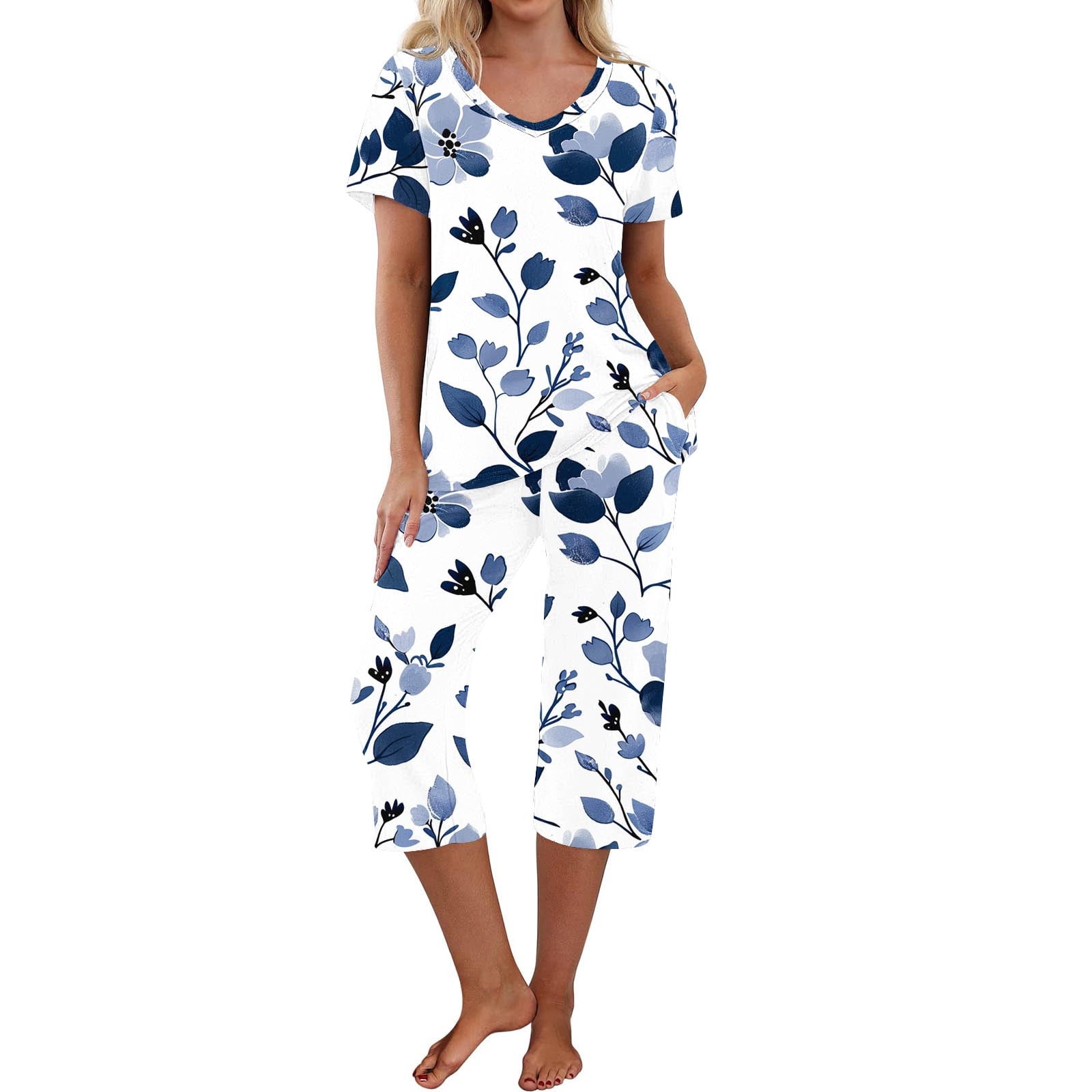 Riecok Sleep Sets for Women Plus Size with Robes V Neck PJ Set Pockets ...