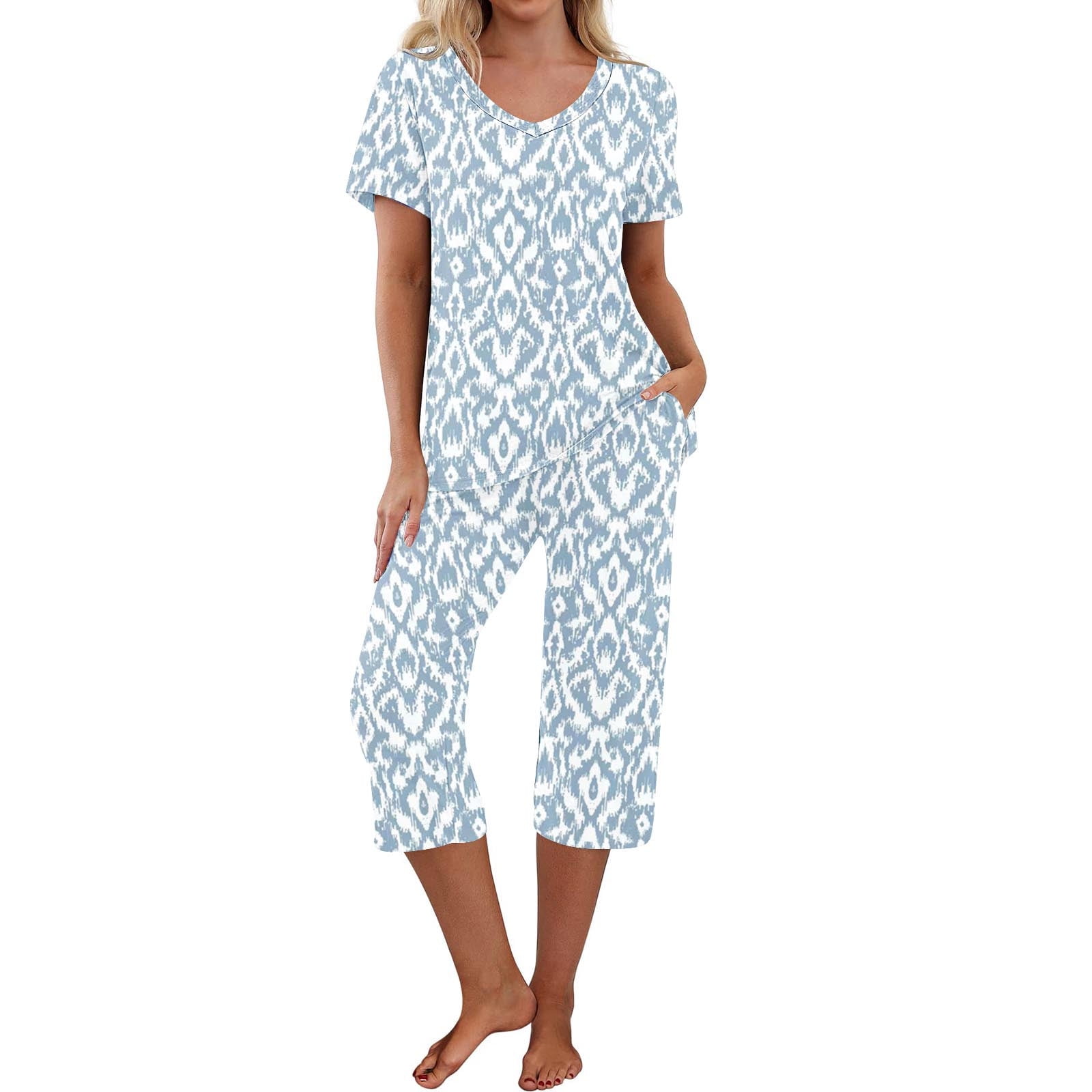 Riecok Sleep Sets for Women V Neck Cozy Pockets Spring Sleepwear for ...