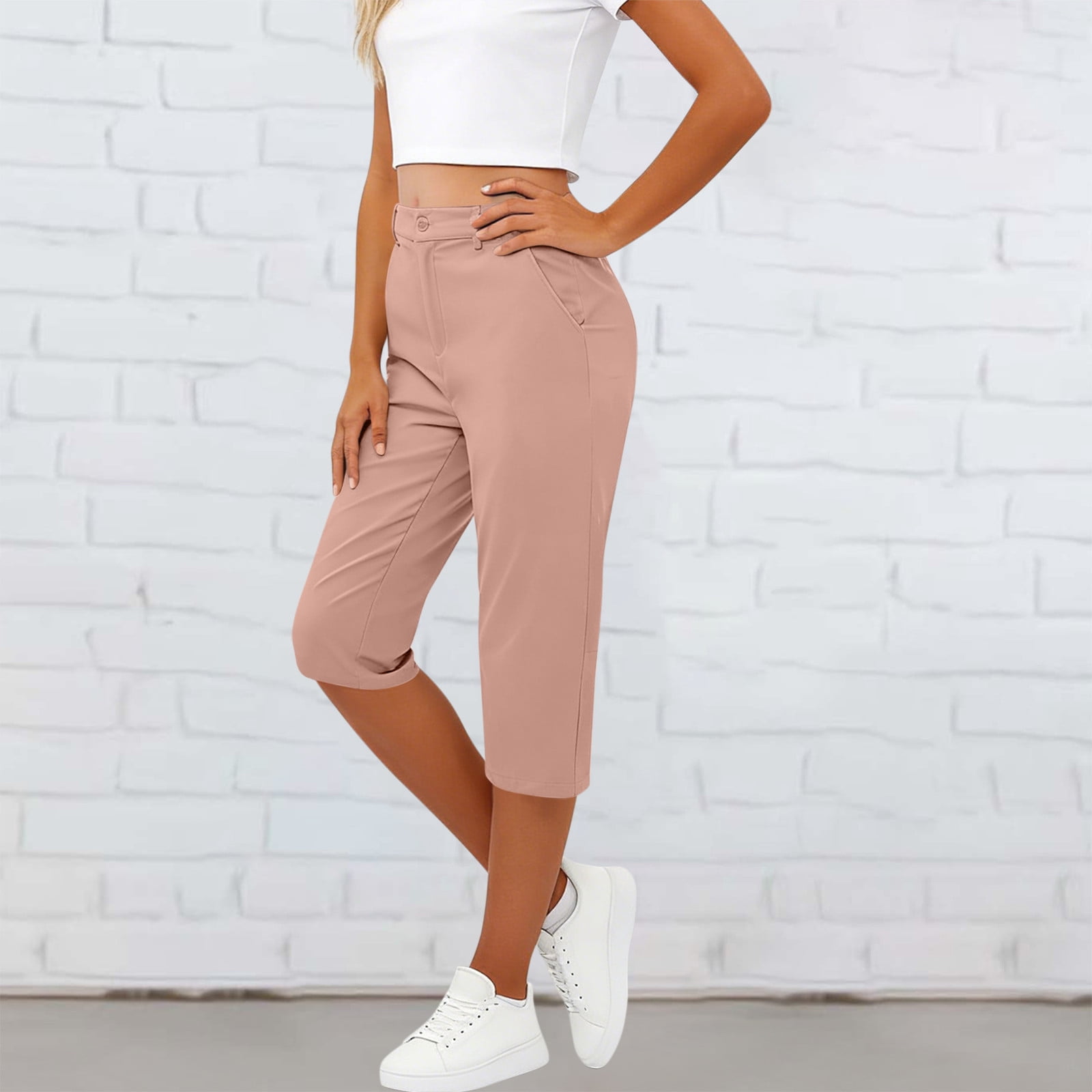 Riecok Stretch Capris for Women with Pocket Button Workout Pants ...