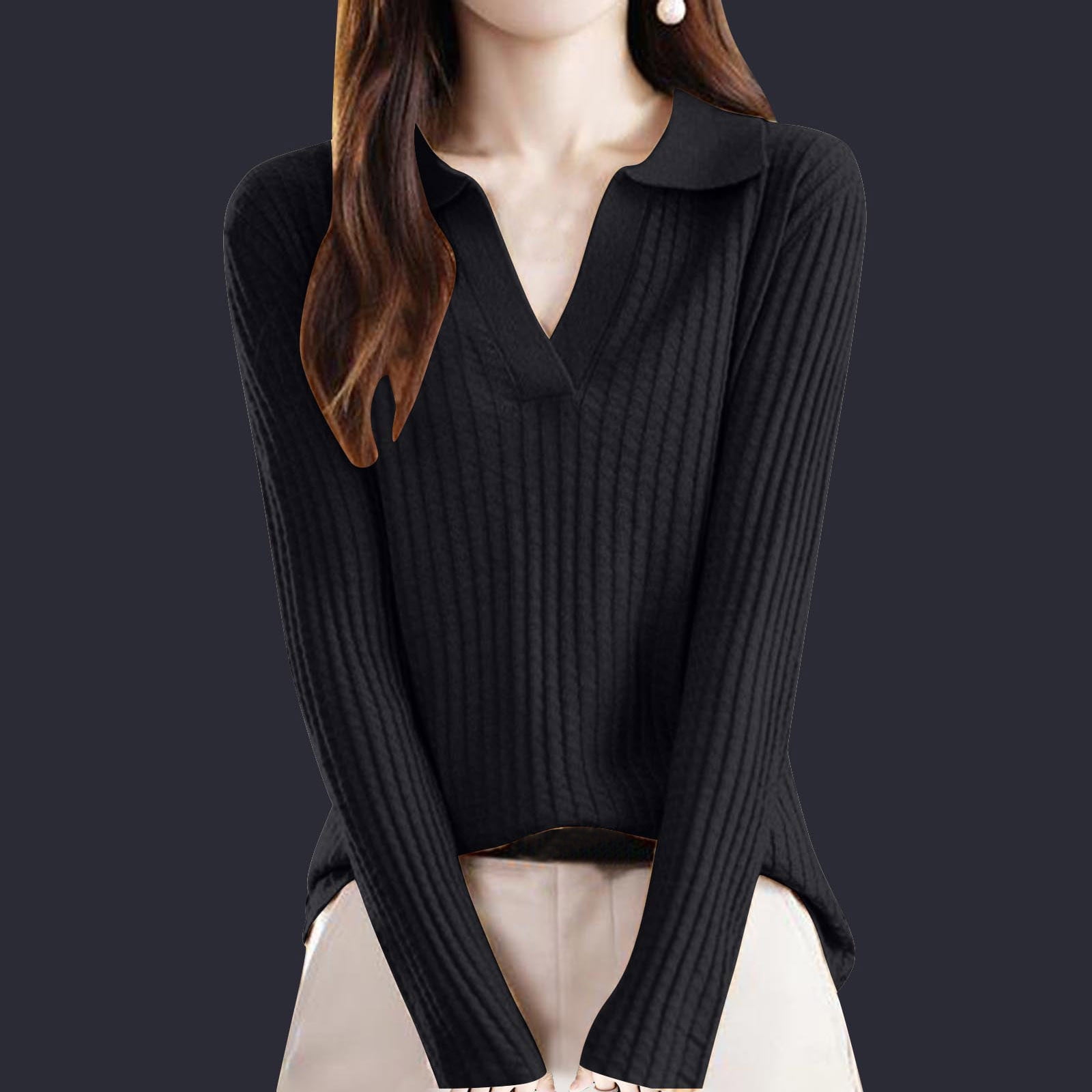 Riecok Sweaters for Women Oversized Long Sleeves V Neck Solid Color ...