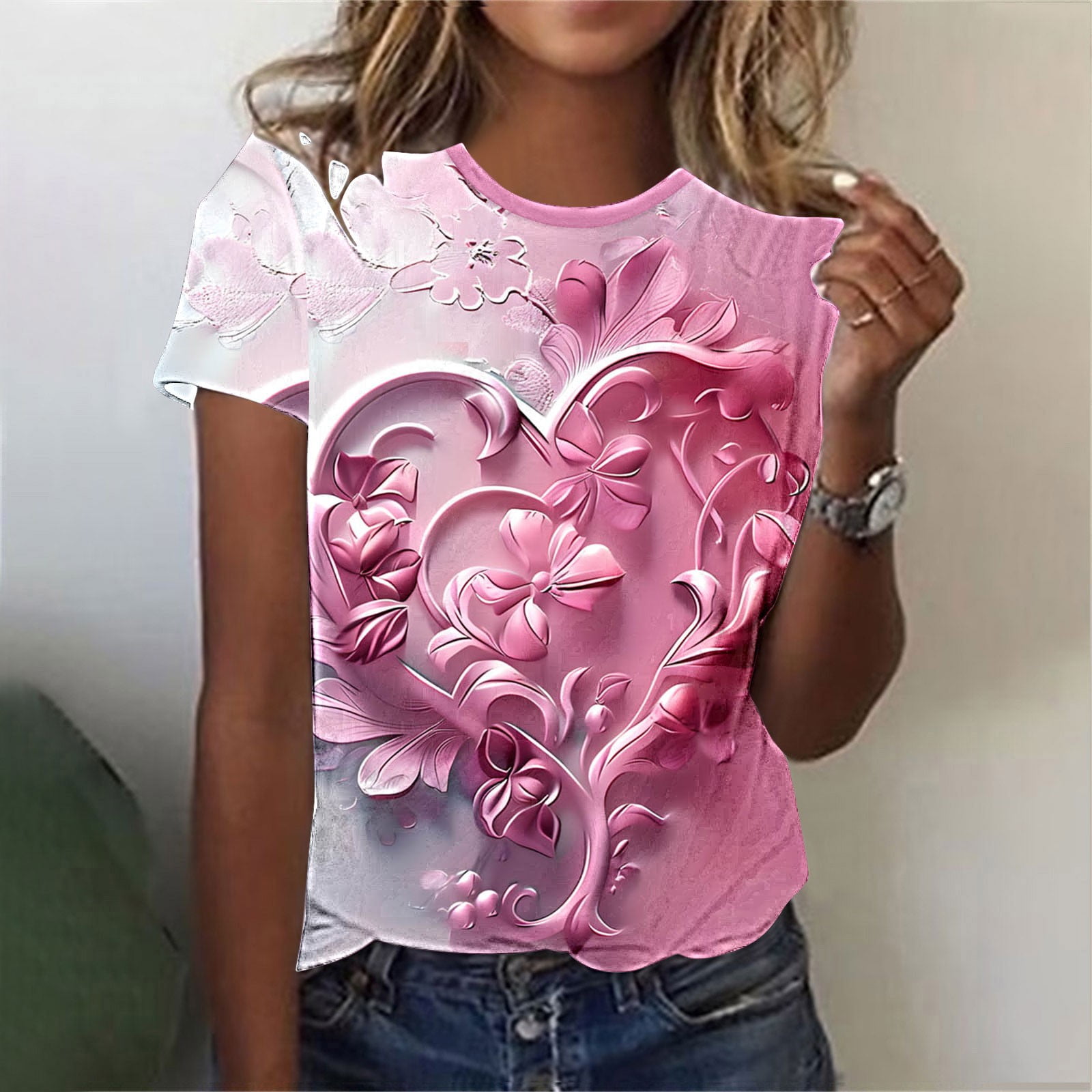 Riecok Womens Summer Tops Plus Size valentines day shirts Crew Neck Heart T Shirt for Women ...