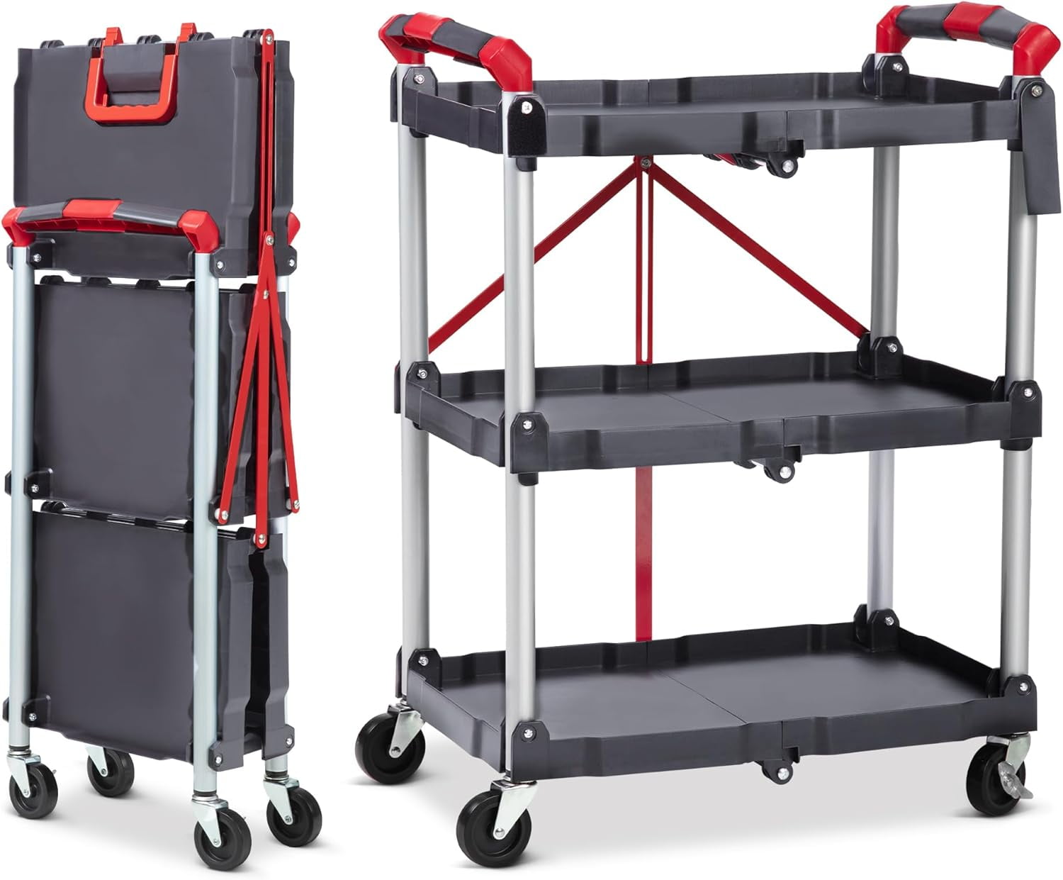 Riedhoff Folding 3 Tier Rolling Utility Cart, with Wheels, 167 LBS Max ...