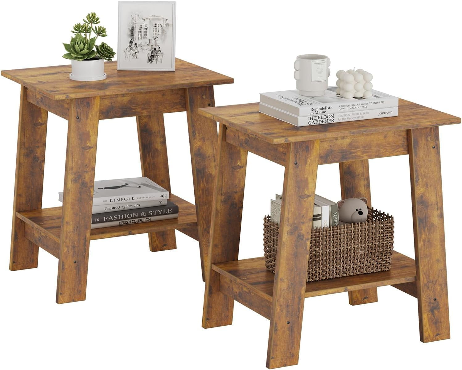 Riedhoff Wooden End Table, with 2-Layer Storage Shelves, 15.51 x 11.81 ...