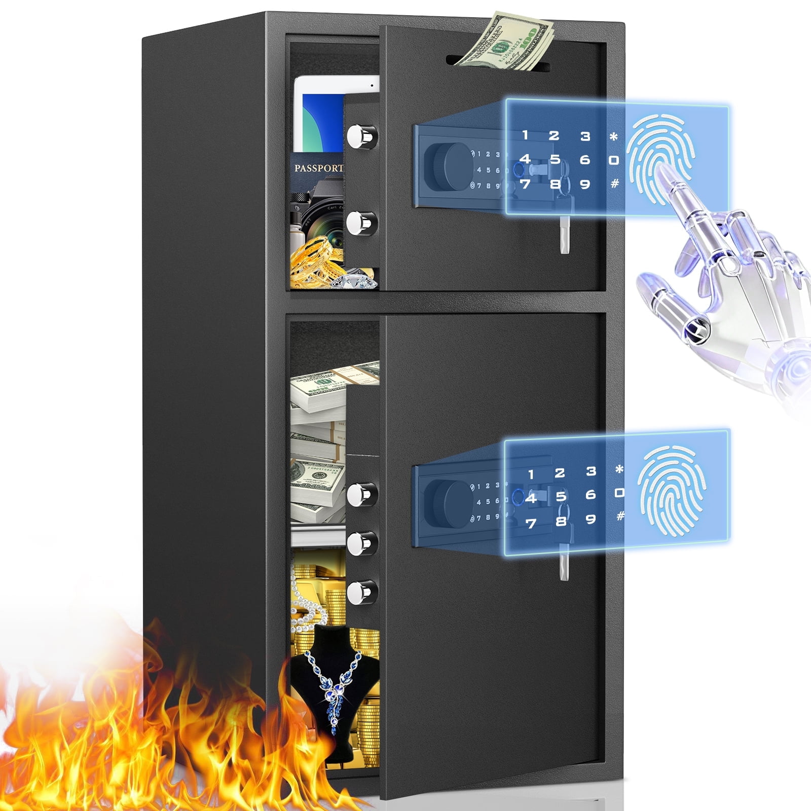 Riflewell Large Fingerprint Safe Box, Household Steel Safe with Glass ...