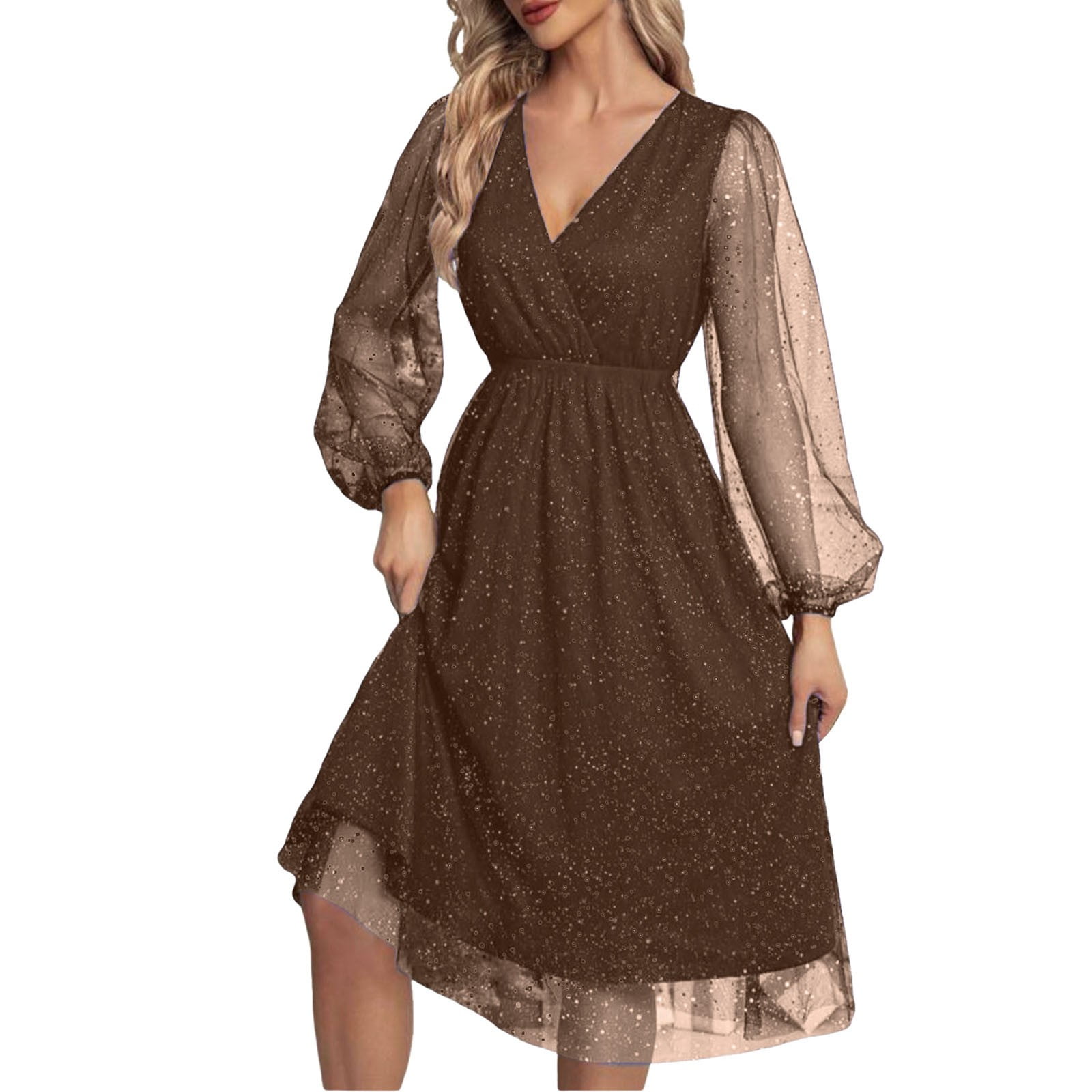 Riforla 2024 Women's Sparkly Sequin Long Dress V Neck Long Sleeve ...