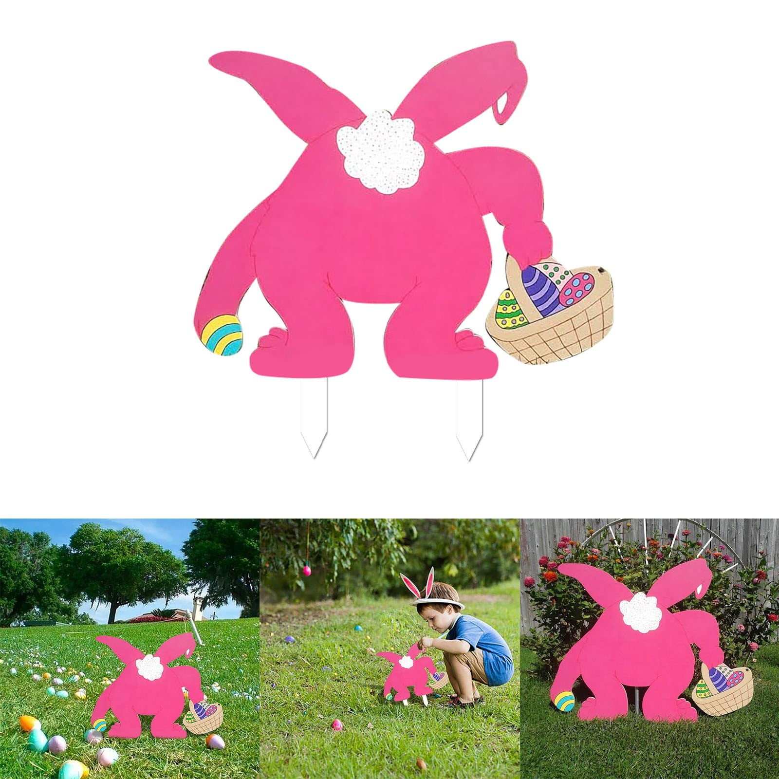 Riforla Easter Cartoon Garden Ornament Easter Pink Bunny Ground Insert Decoration Wooden Print ...