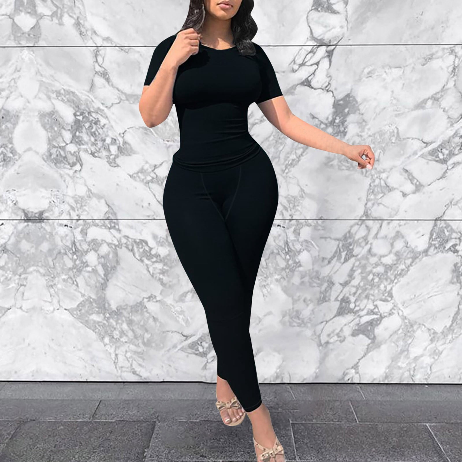 Riforla Ladies Solid Color Slim Short Sleeve High Waist Tight Pants ...