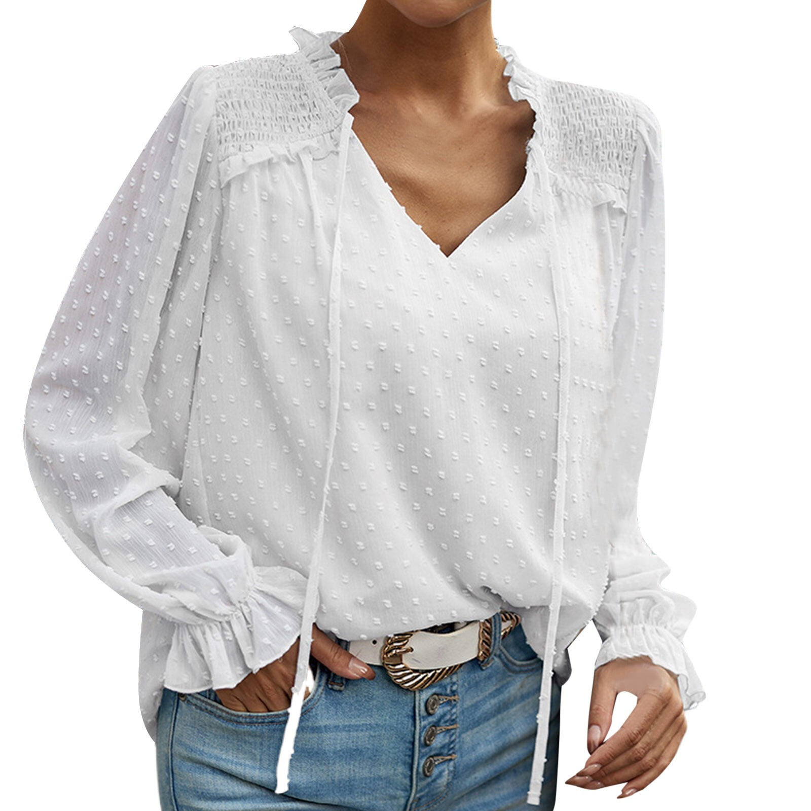 Riforla Women Blouses Tunics for Women Elegant Chiffon V Neck Dot Puff Sleeves Double Layer ...