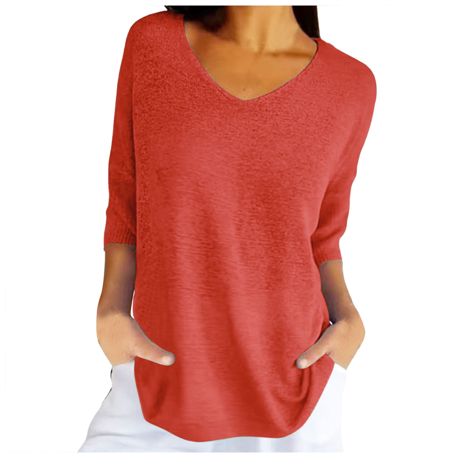 Riforla Women Spring Casual 3/4 Sleeve Solid Color V Neck Loose ...