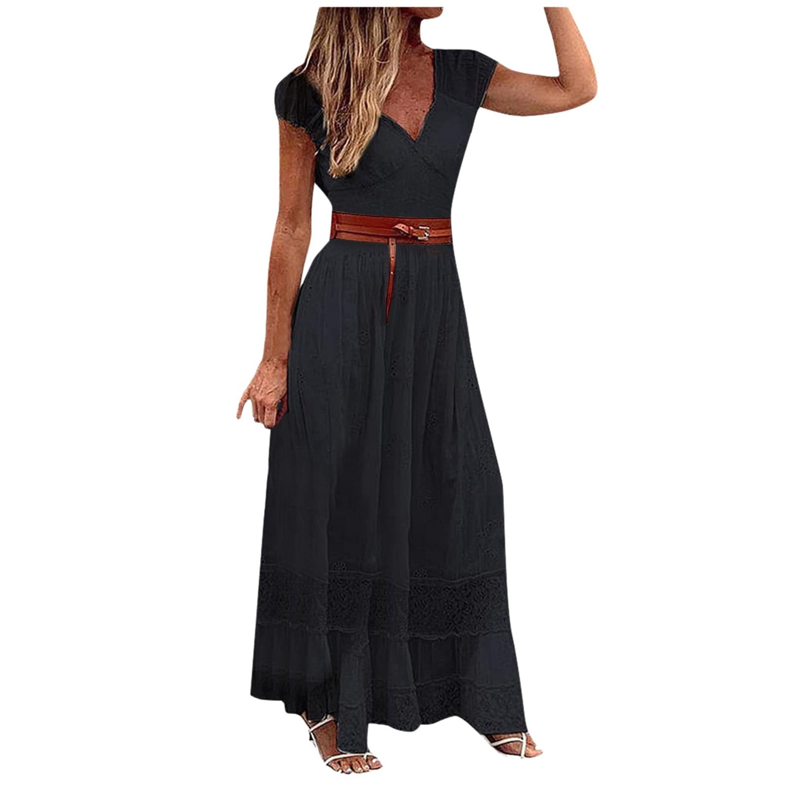 Riforla Women's Solid Color Long Maxi Dress with Belt Elegant Lace ...