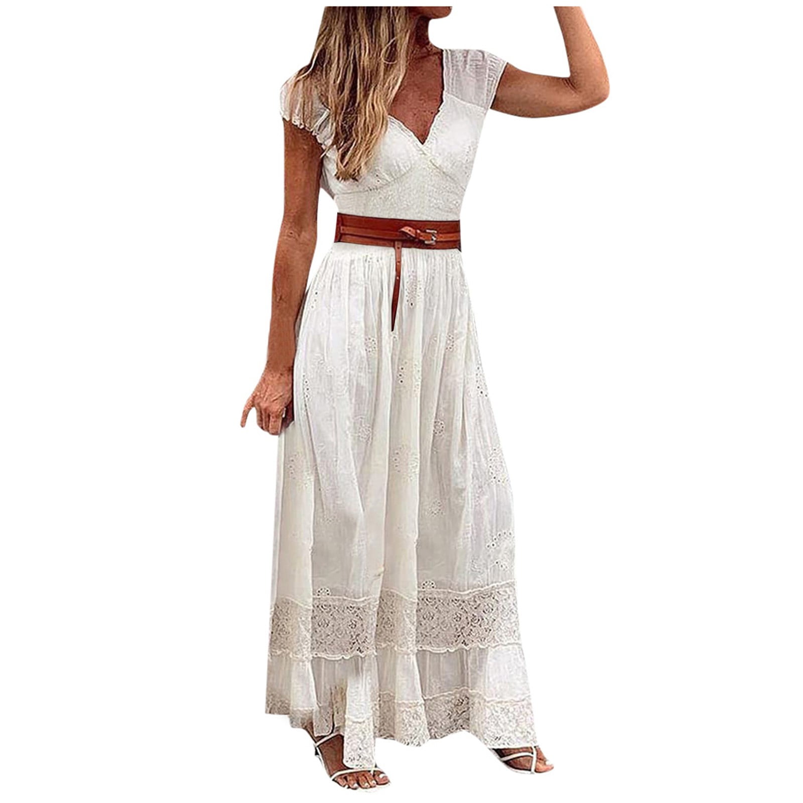 Riforla Women's Solid Color Long Maxi Dress with Belt Elegant Lace ...