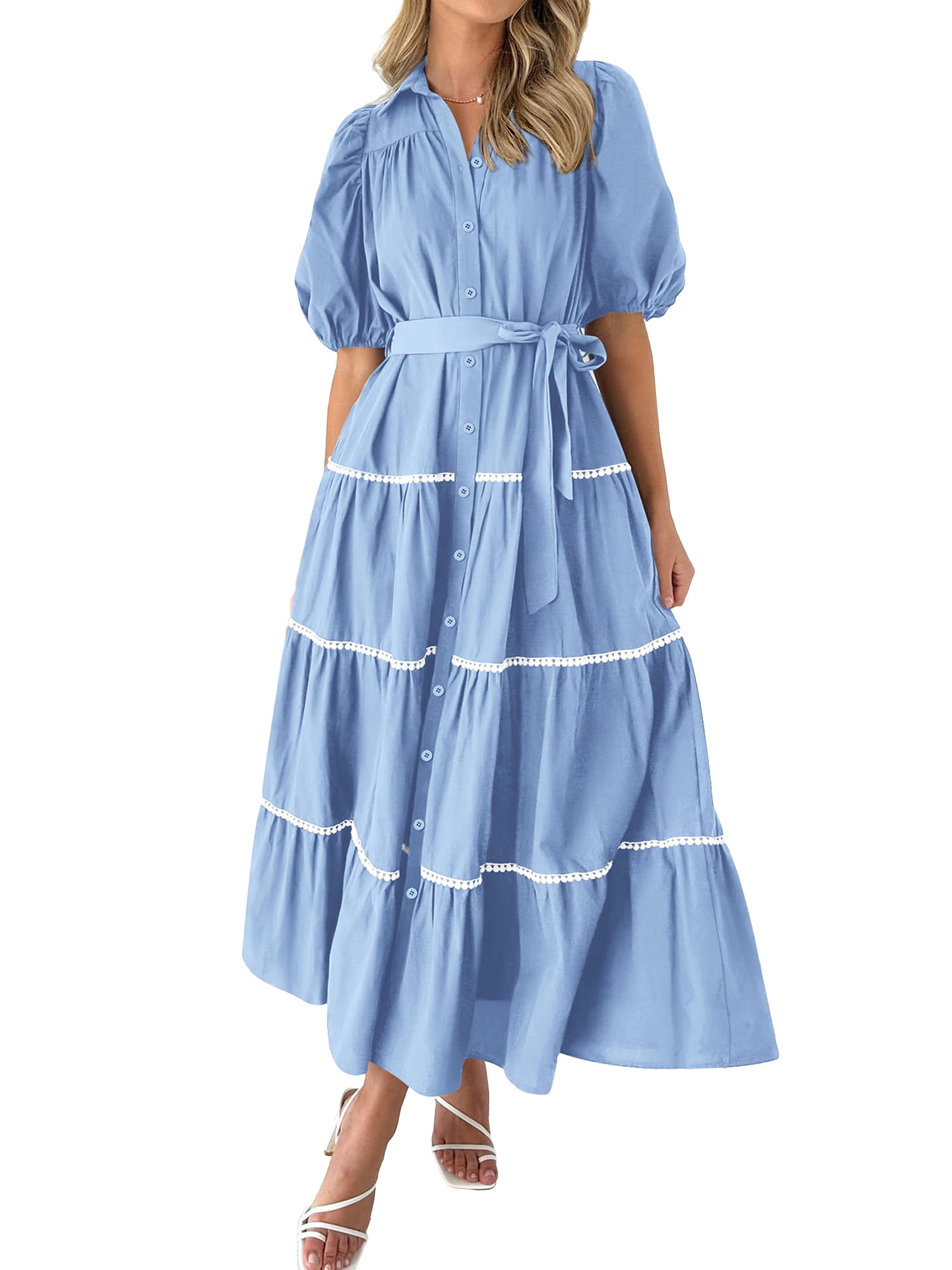 Riforla Women's Summer Button Down Shirt Dress Short Puffy Sleeve ...