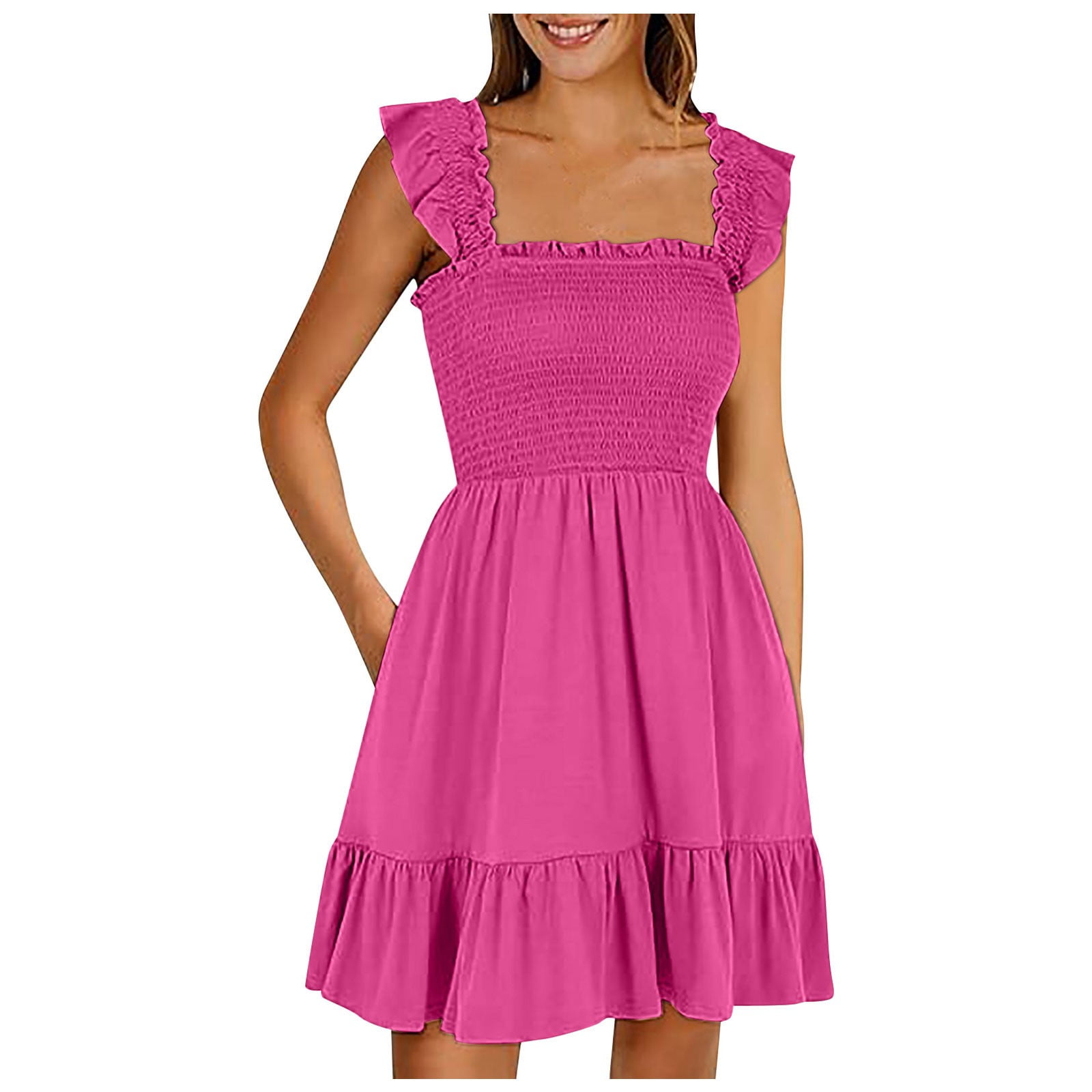 Riforla Womens Summer Casual Sleeveless Square Neck Smocked Ruffle ...