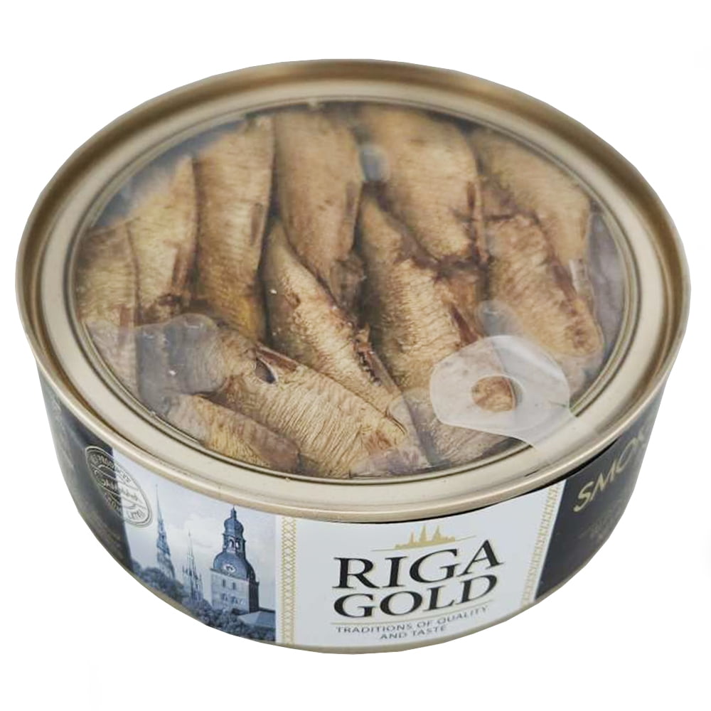 Riga Gold Smoked Sprats in Oil Can With a Transparent Lid 240g/ 0.53lb ...