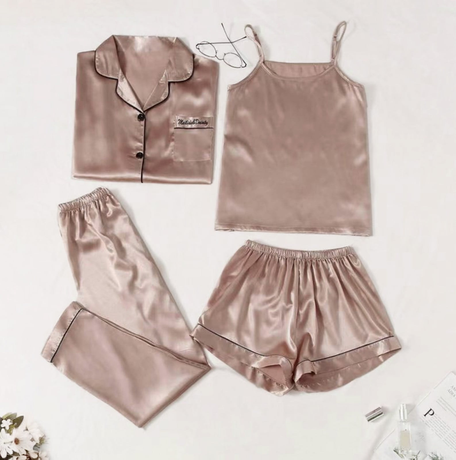 Rigardu Pajama Sets for Women Satin 4 Piece Sleepwear New Solid Ice ...