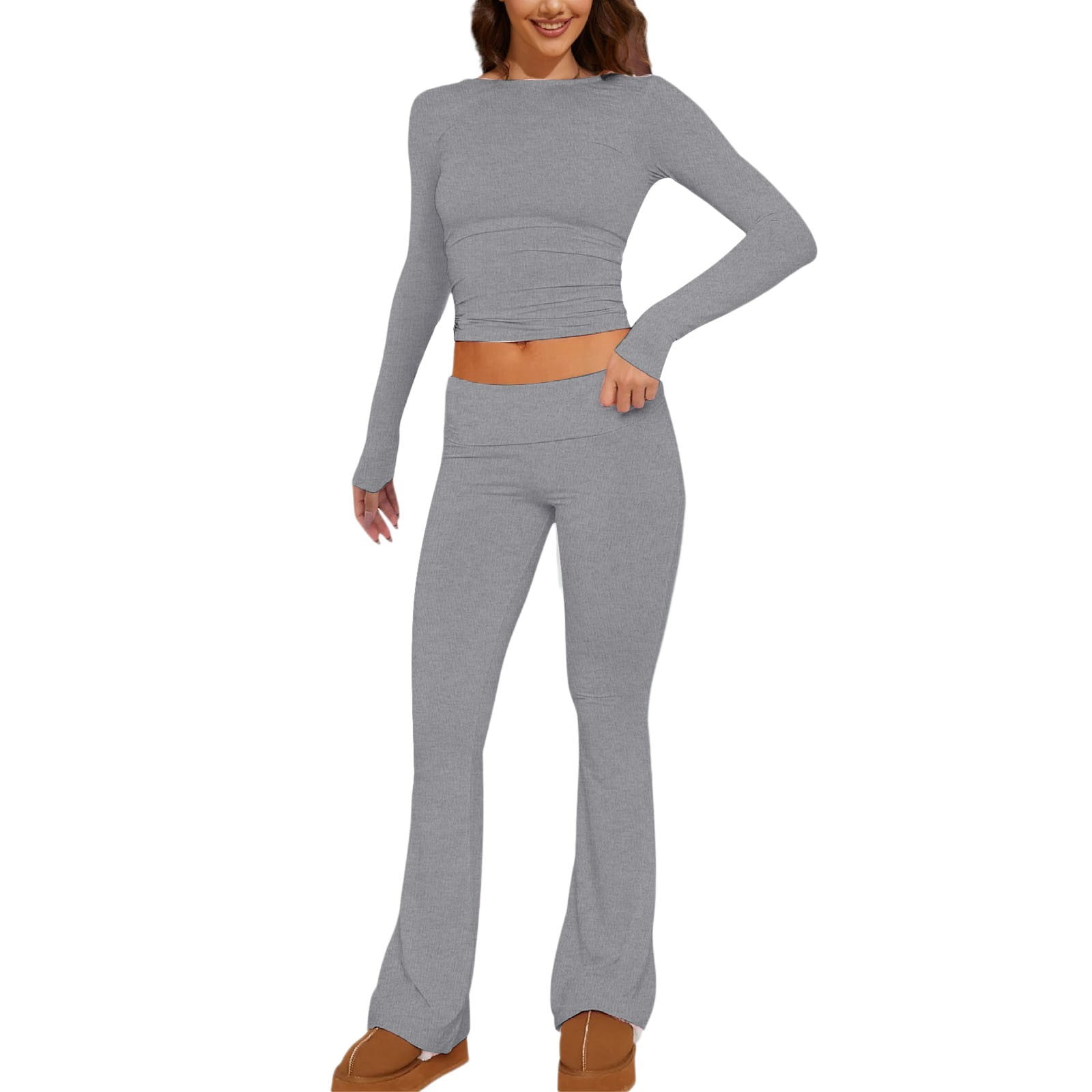 Rigardu Women's 2 Piece Sets Fold Over Flare Pants Set Long Sleeve ...