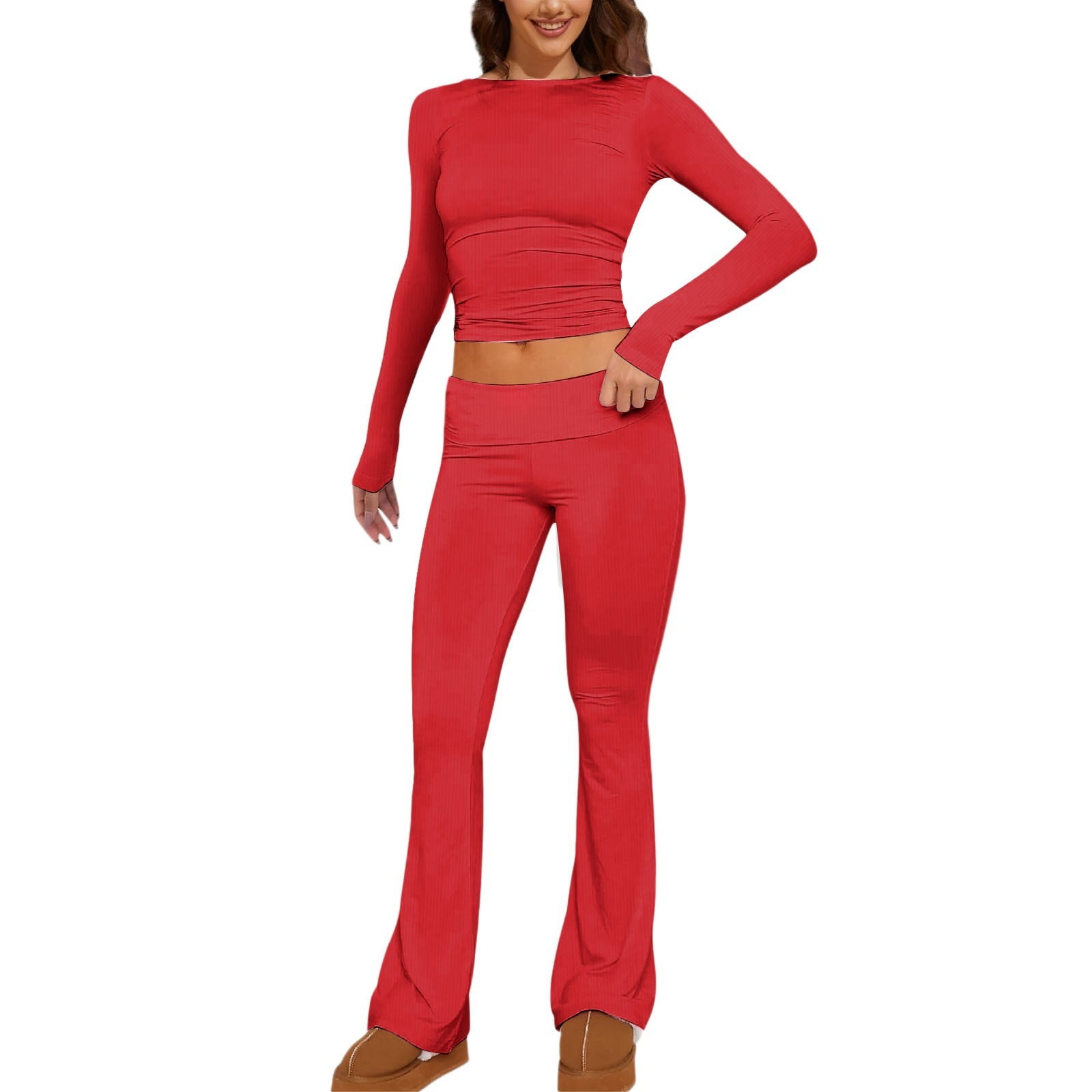 Rigardu Women's 2 Piece Sets Fold Over Flare Pants Set Long Sleeve ...