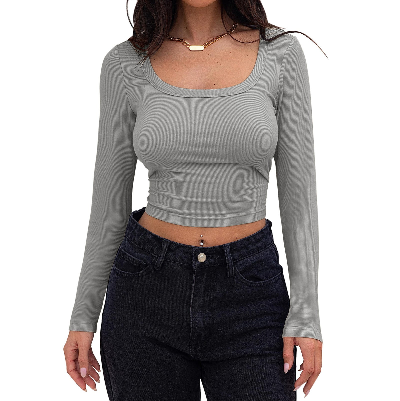 Rigardu Women's Long Sleeve Crop Top Ribbed Slim Fitted Casual Tight ...