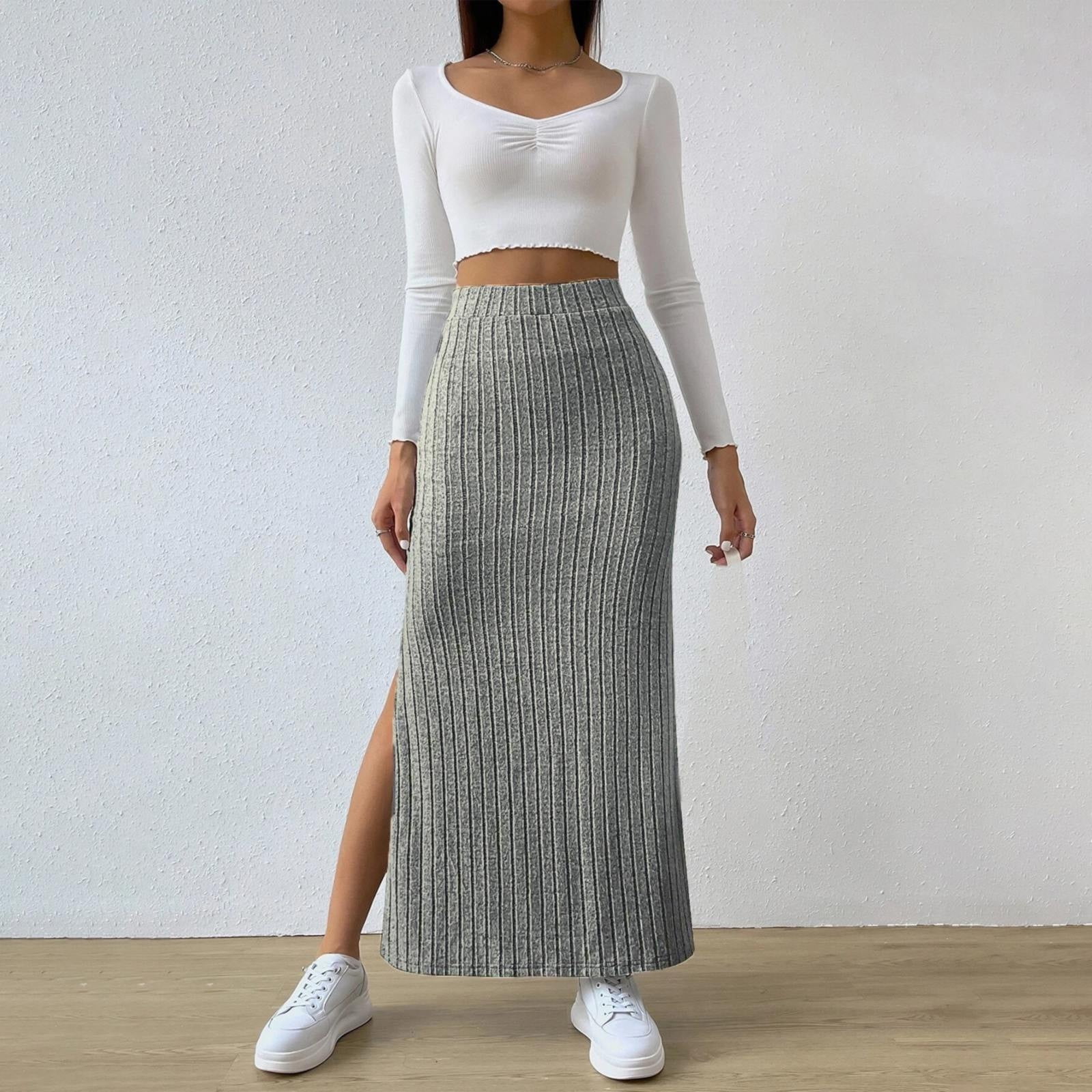 Rigardu skirts for women Ribbed Knit Skirt Women's Long Skirts with Slit High Waist Vintage ...