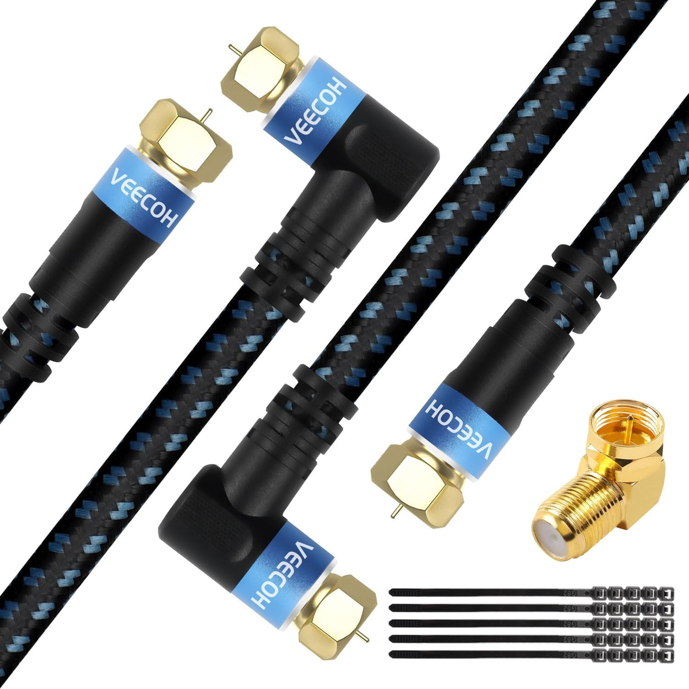 Right Angle RG6 Coaxial Cable 3ft 2 Pack with Cable Ties and Adapters ...