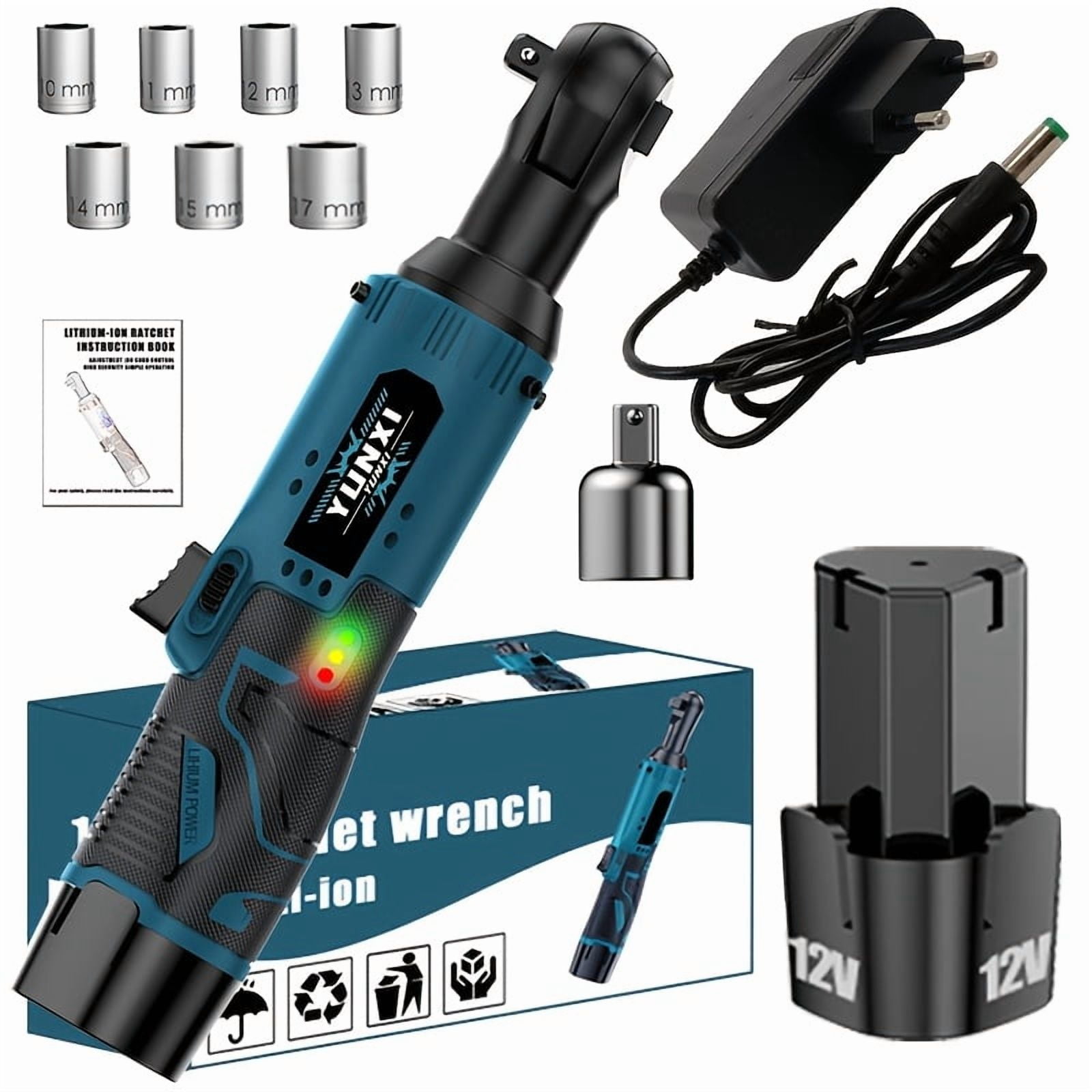 Right-Angle Wireless Electric Ratchet Wrench Set - Rechargeable Lithium ...