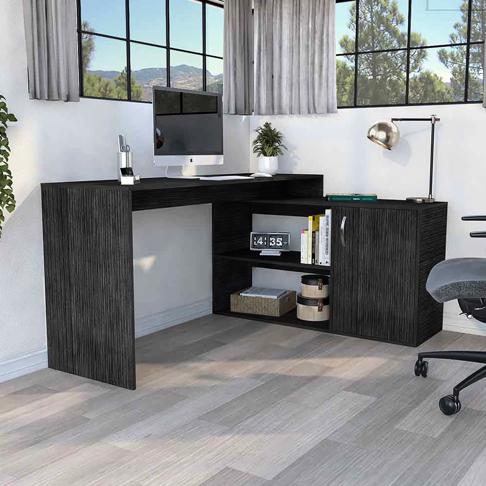 Right Return L-shaped Work Desk Design - 30.10 In. Gray With Storage ...