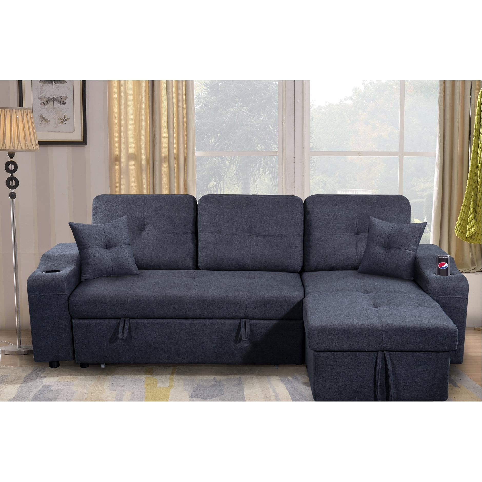 Right-facing Sectional , Dark Grey. Armrest Storage And 2 Bolster ...