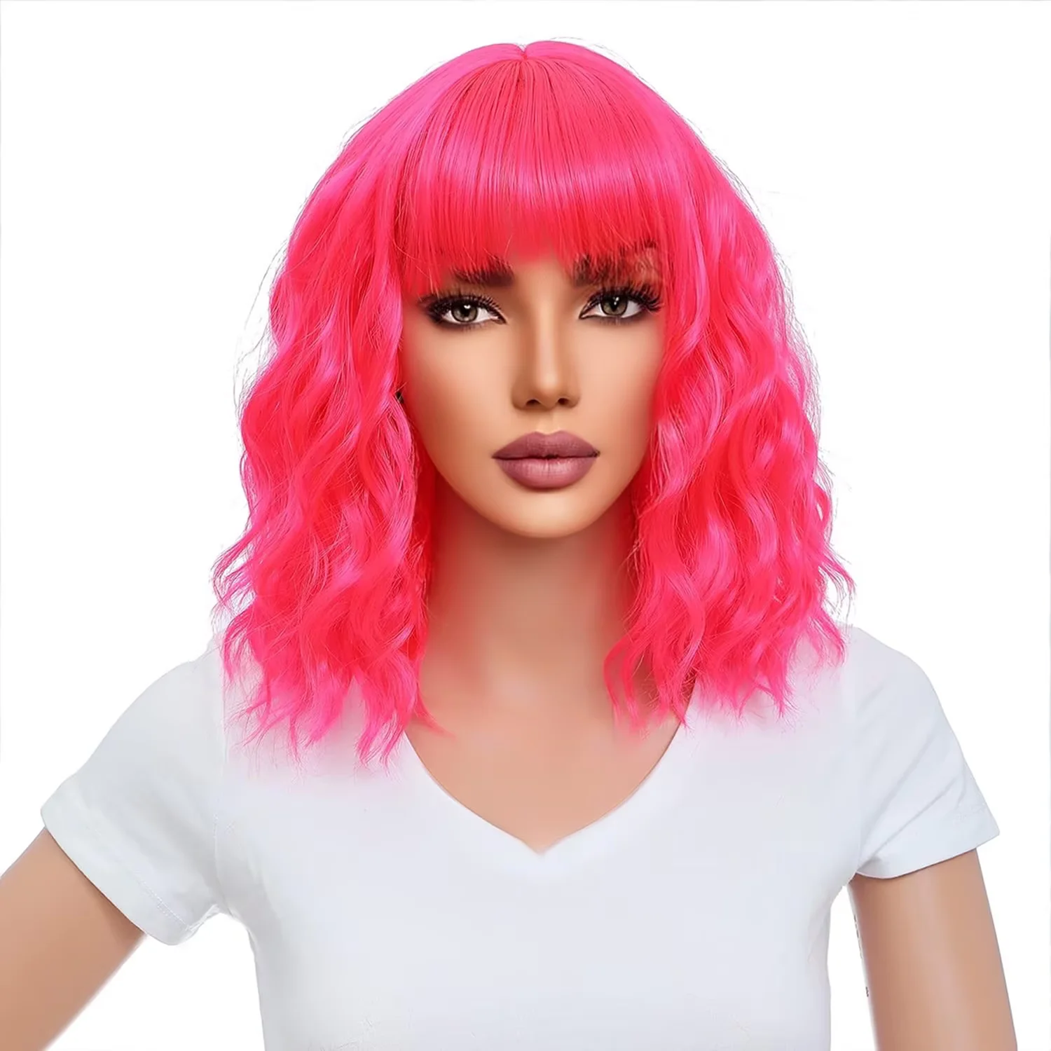 RightOn 12 Inches Rose Red Wig With Bang Short Curly Wig for Women ...