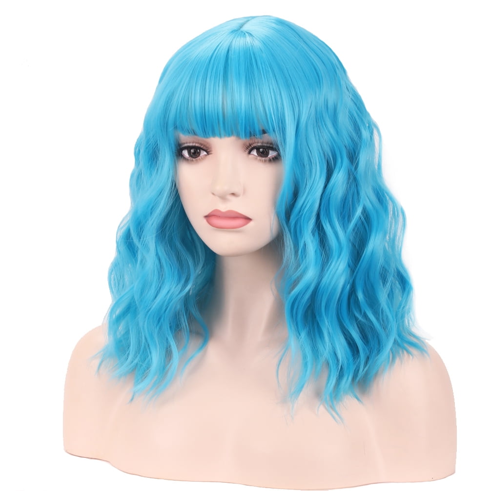 RightOn 14" Blue Wig for Women Short Curly Wig Blue Wig with Bangs Sky ...