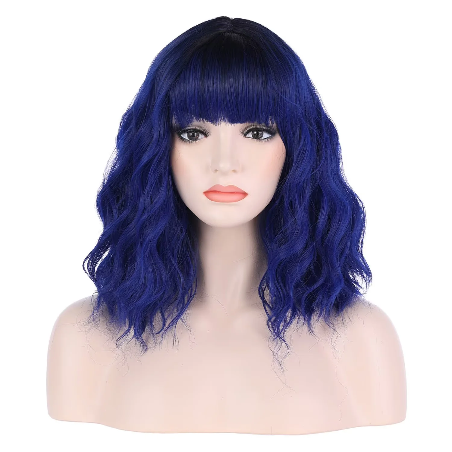 RightOn 14 Inches Black Ombre Dark Blue Wig With Bangs Short Curly Wig ...