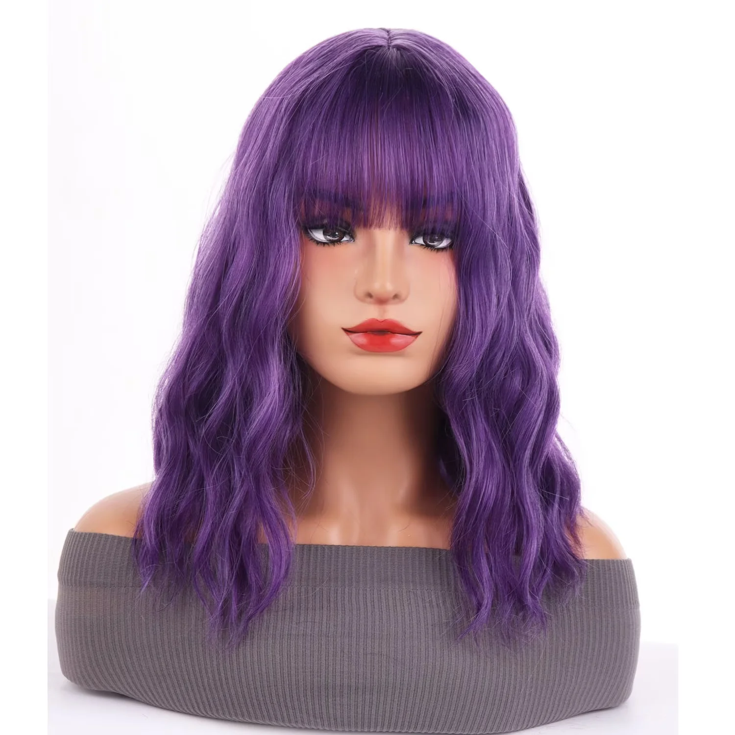 RightOn 14 Inches Deep Purple Wig with Bangs Short Curly Wig for Women ...