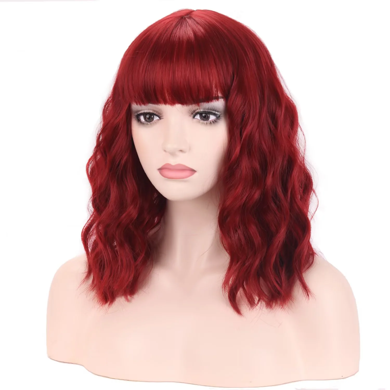 RightOn 14 Inches Wine Red Wig With Bang Short Curly Wig for Women ...