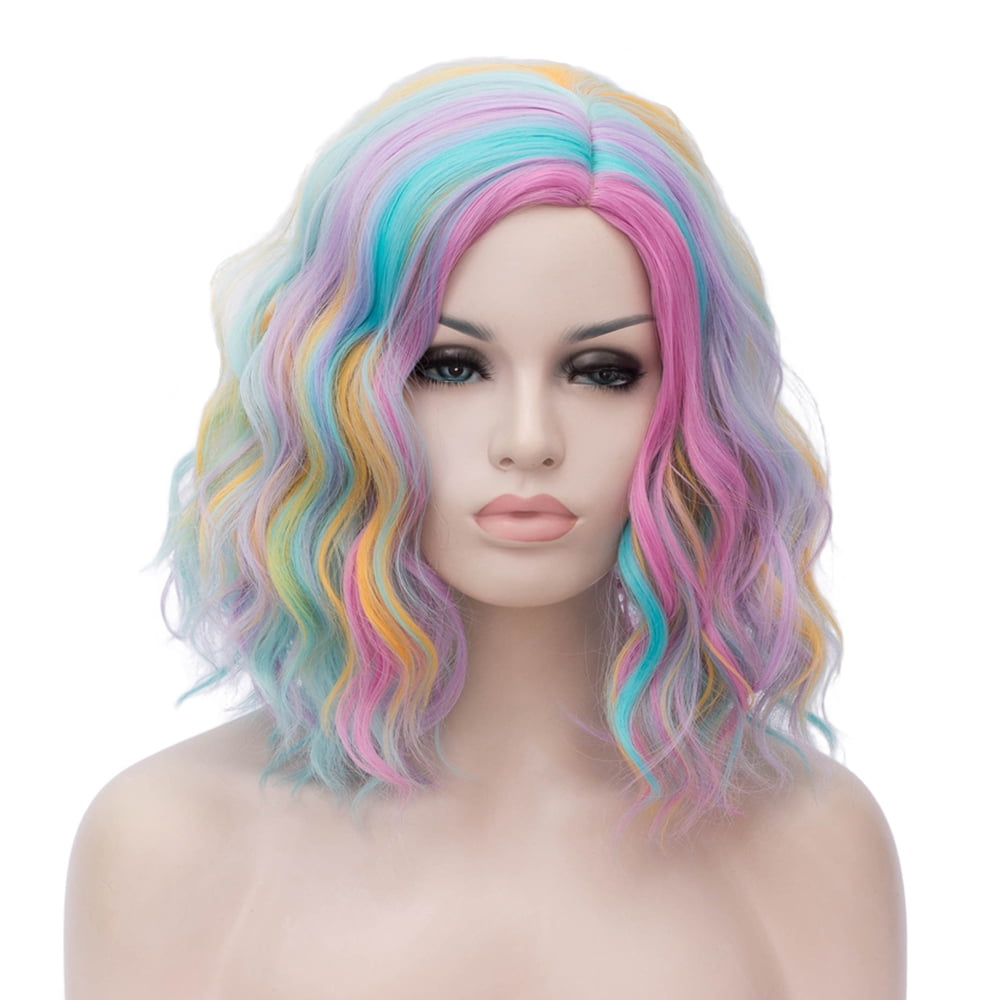 RightOn 14" Rainbow Wig Short Curly Bob Wig Colorful Hair Wigs Multi ...